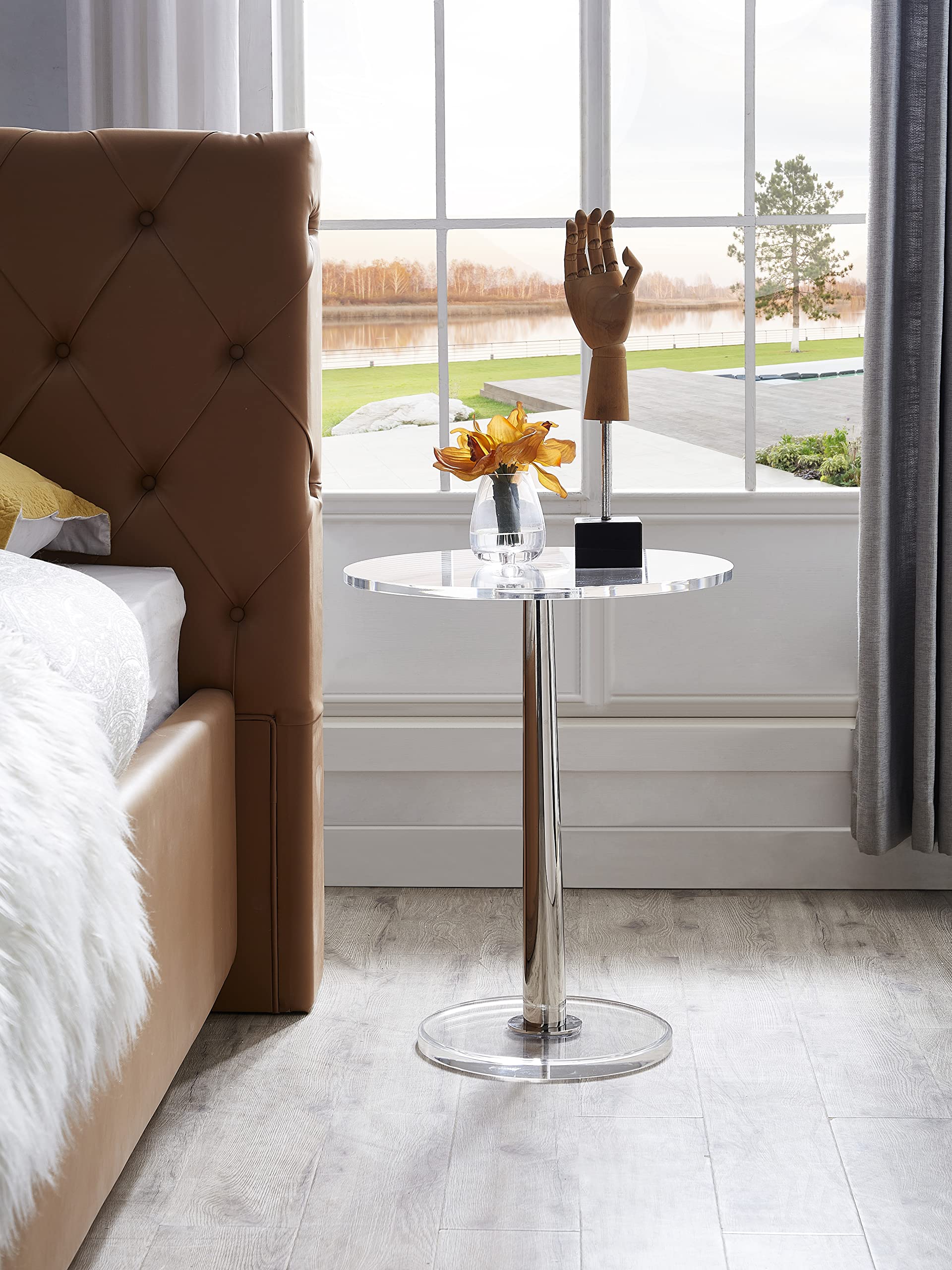 Clear Acrylic Table with Cone Metal Pole (Large, Silver)