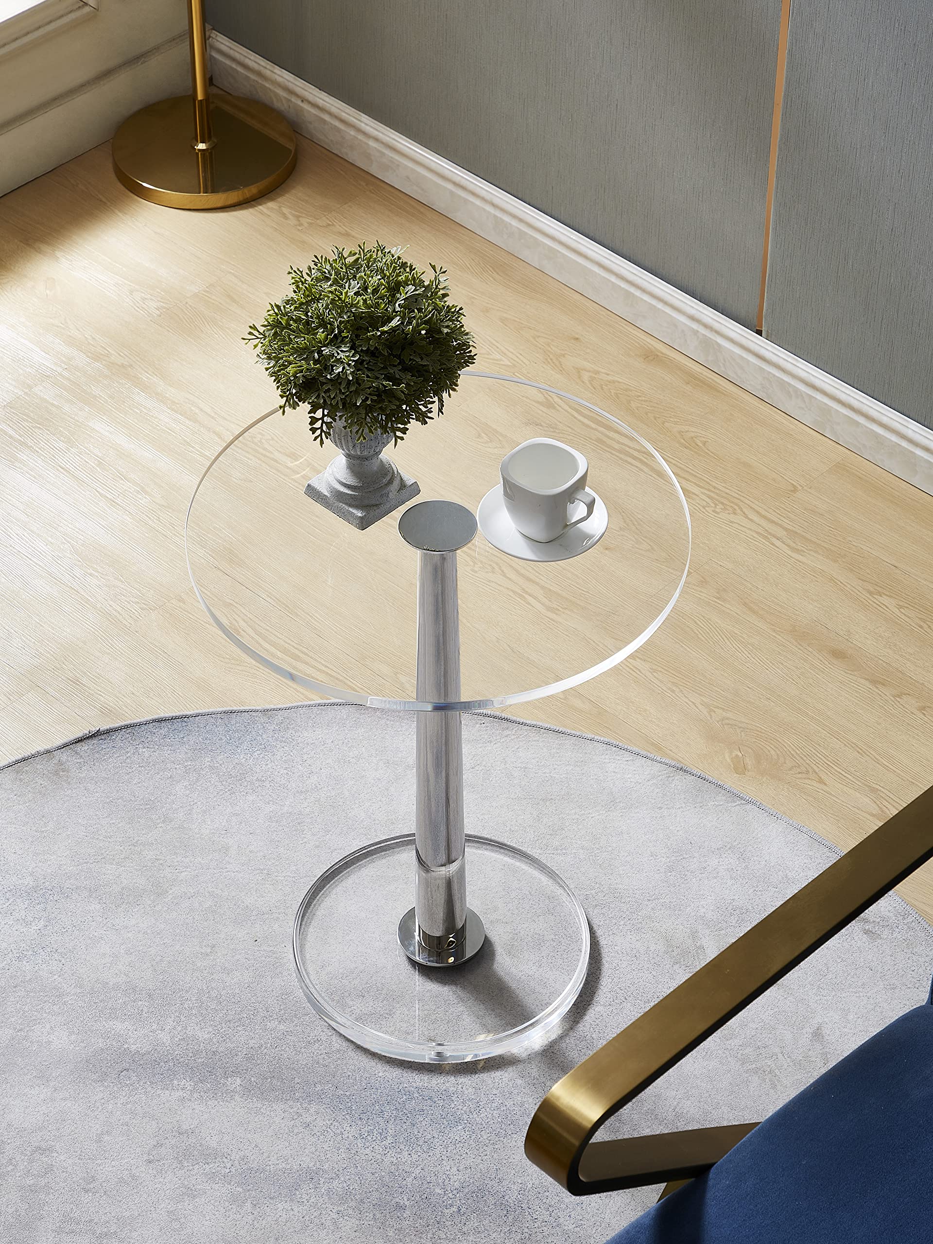 Clear Acrylic Table with Cone Metal Pole (Large, Silver)