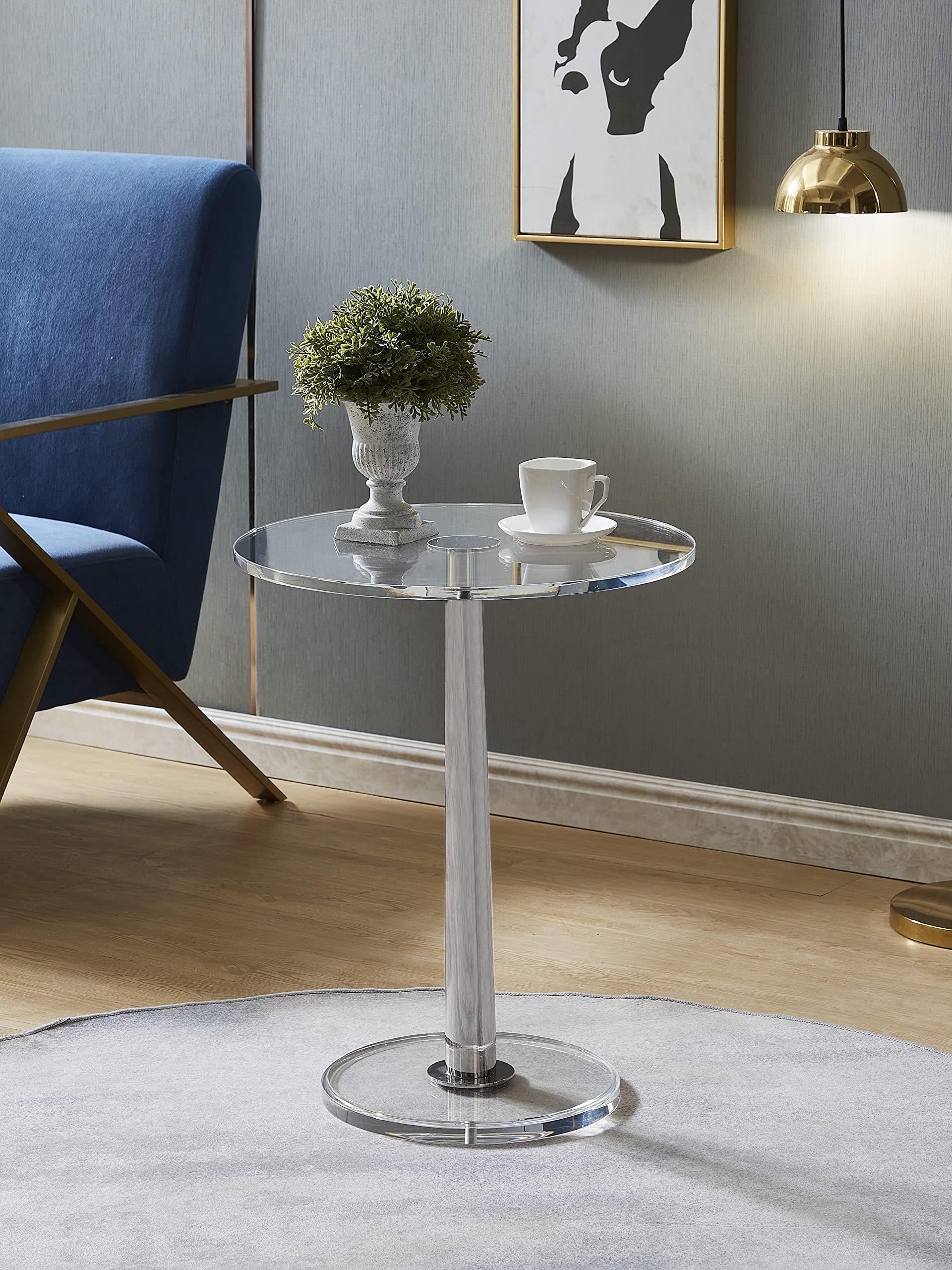 Clear Acrylic Table with Cone Metal Pole (Large, Silver)