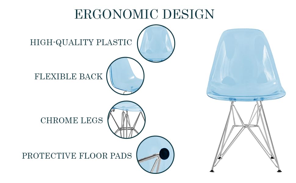 Acrylic Dining Chairs with Chrome Eiffel Base – Set of 2, Curved Back ...