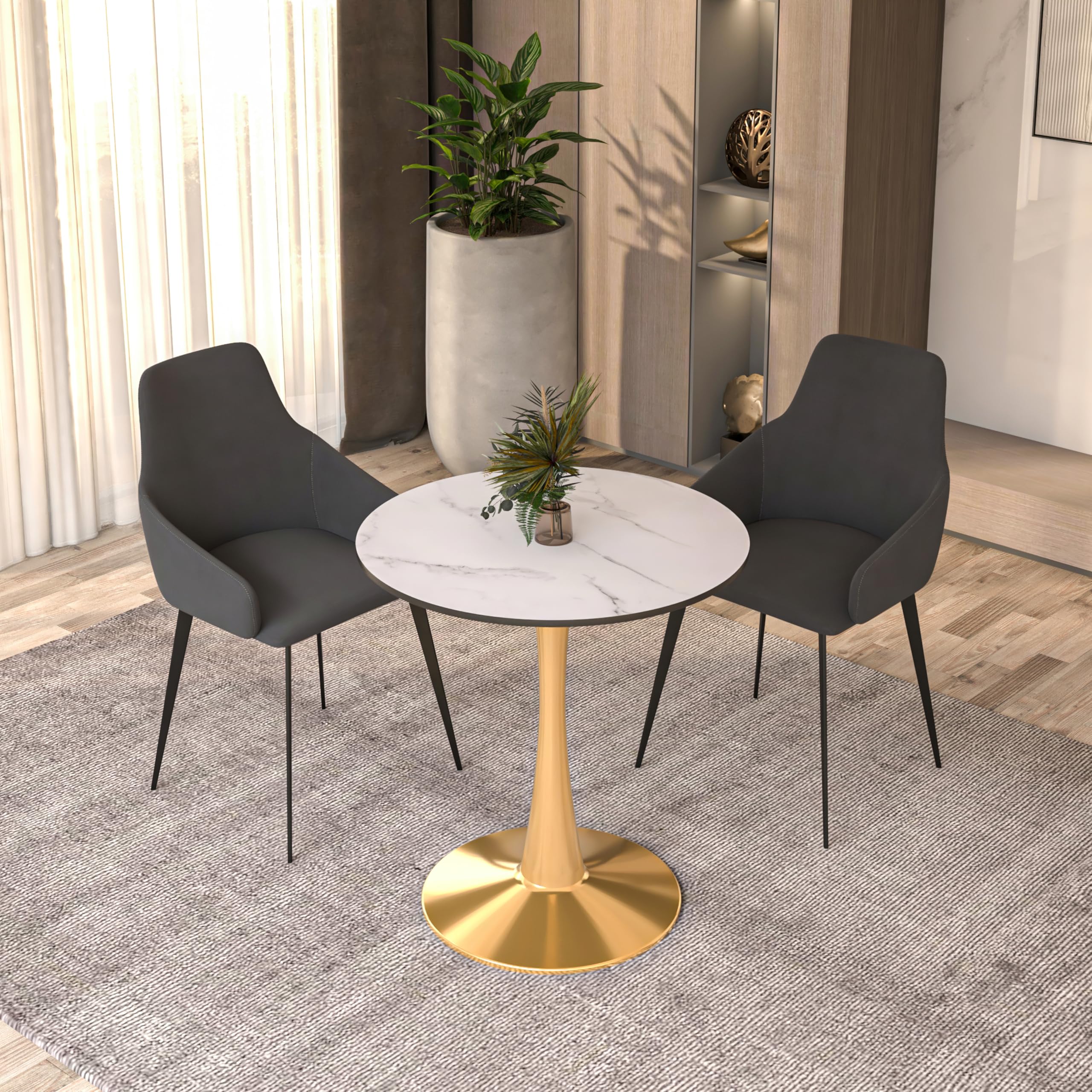 27" Round Dining Table in Marbled White Modern MDF Wood Tabletop with ...