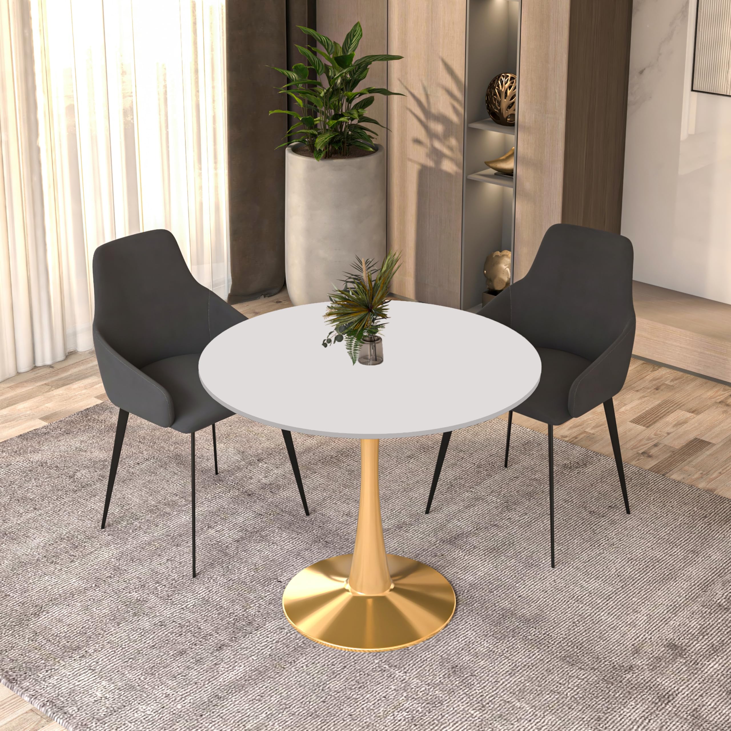 35" Round Dining Table in White Modern MDF Wood Tabletop with Gold ...