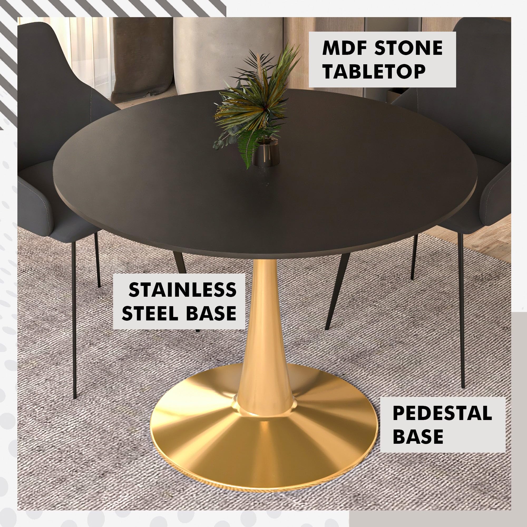 40" Round Dining Table in Black Modern MDF Wood Tabletop with Gold ...