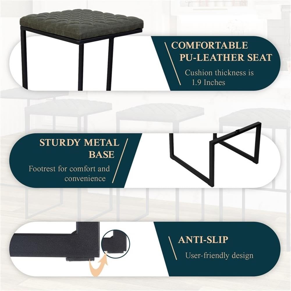 Olive Green Leather Bar Stool - Modern Counter Height Stool with Metal ...