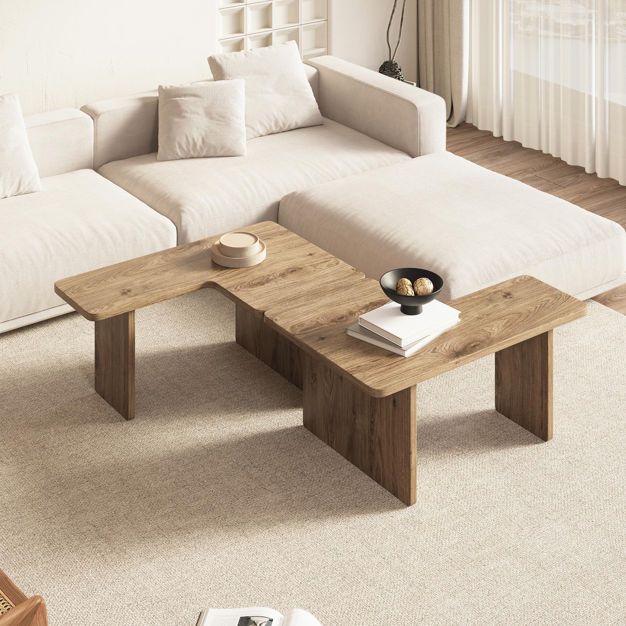 Modern Coffee Table Double L-Shaped, Center Table with Oak Wood Finish ...