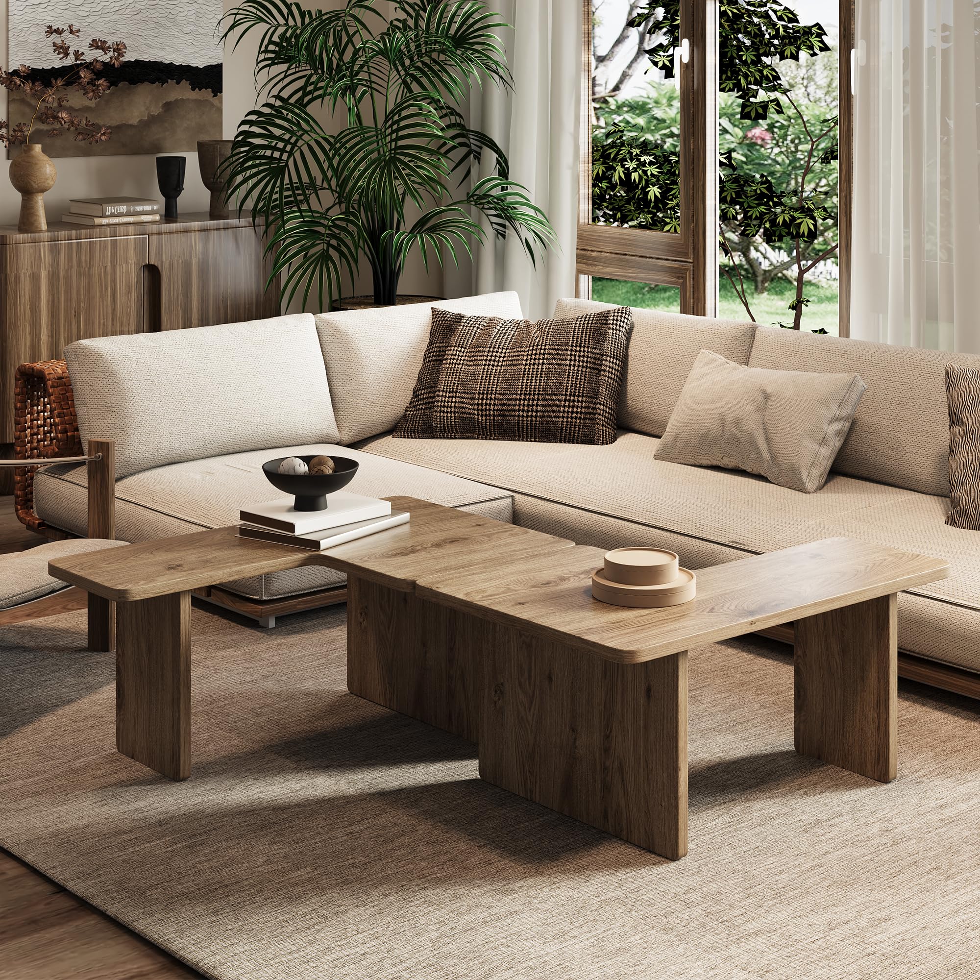 Modern Coffee Table Double L-Shaped, Center Table with Oak Wood Finish ...