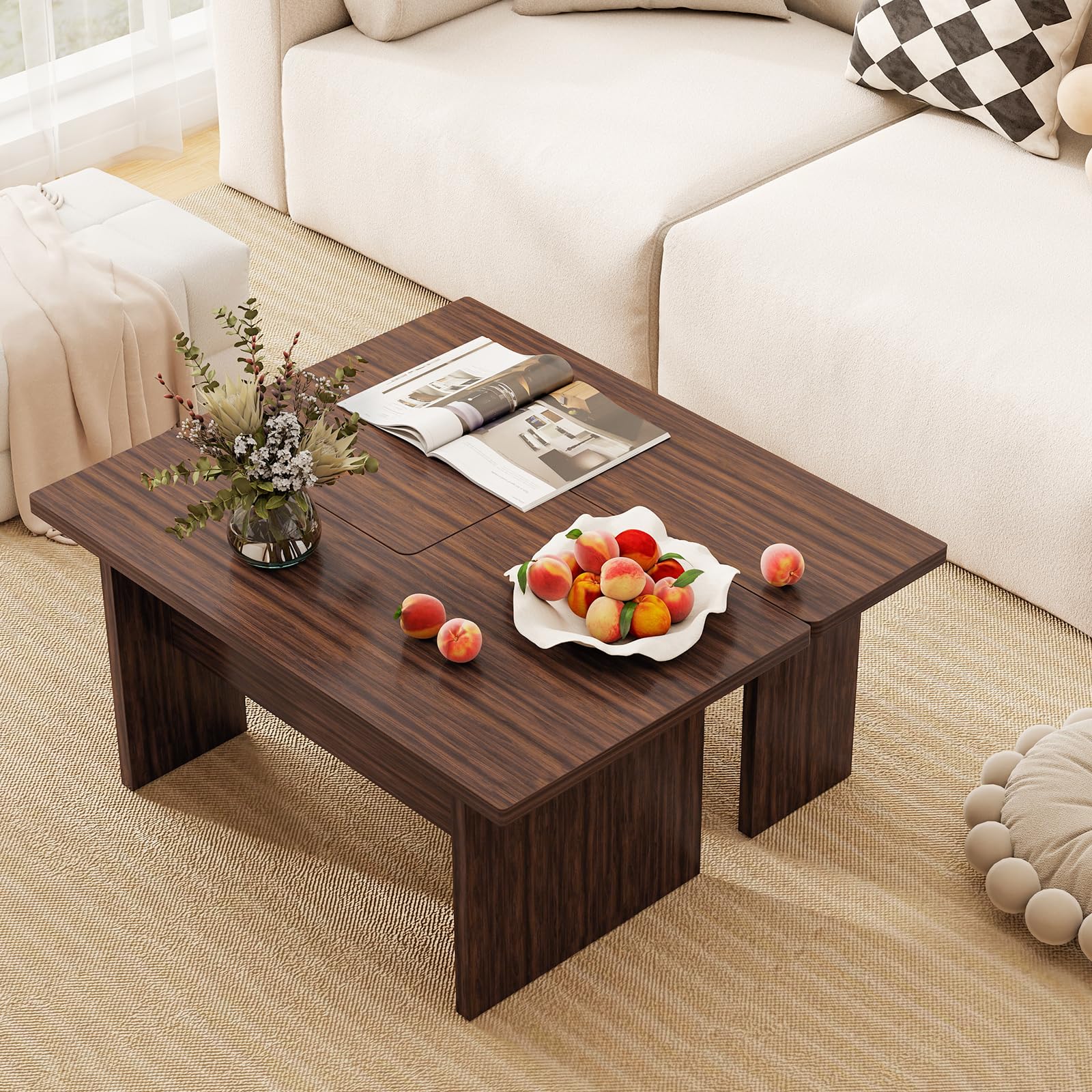 L-Shaped Coffee Table Set of 2, Modular Nesting Center Table with Grain ...