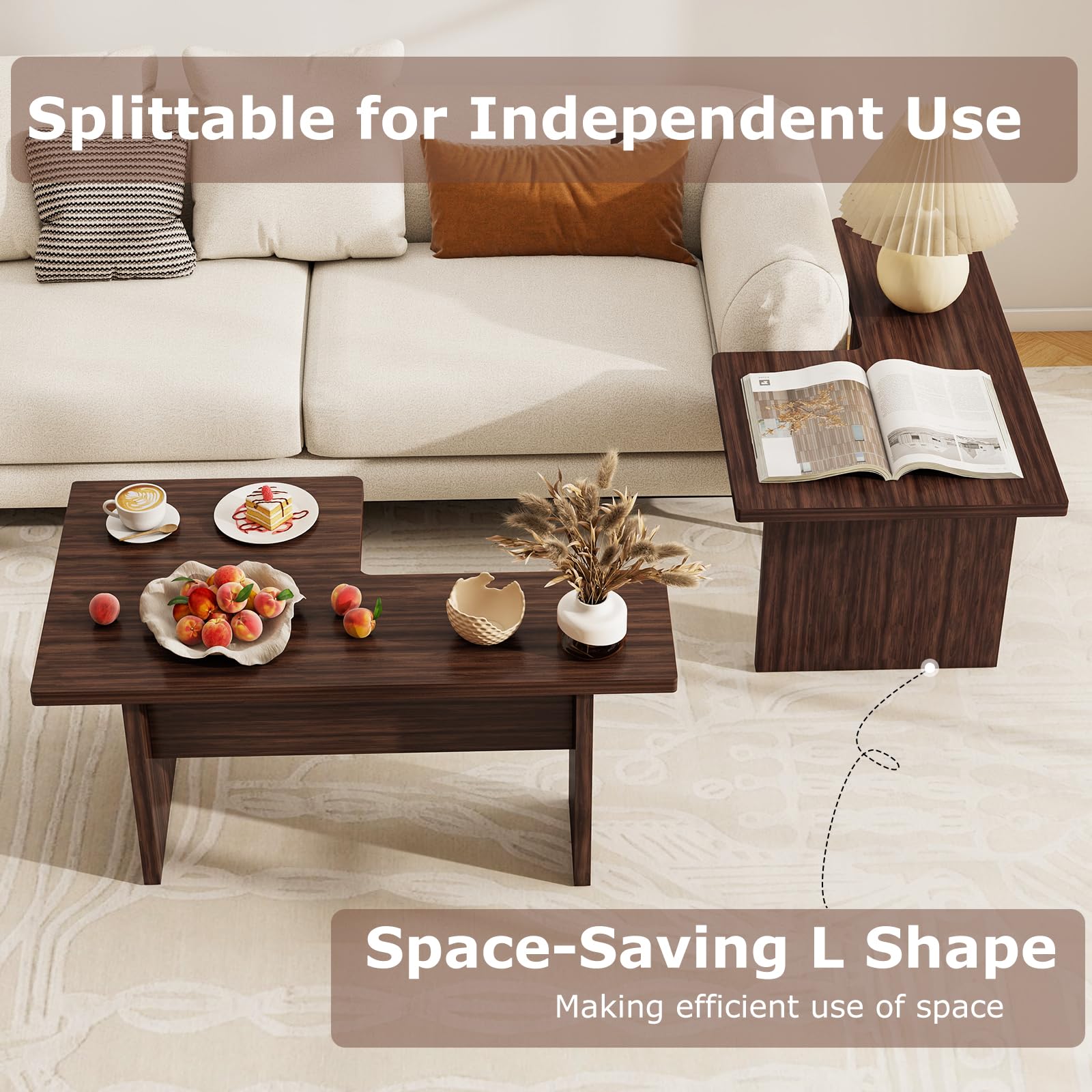 L-Shaped Coffee Table Set of 2, Modular Nesting Center Table with Grain ...