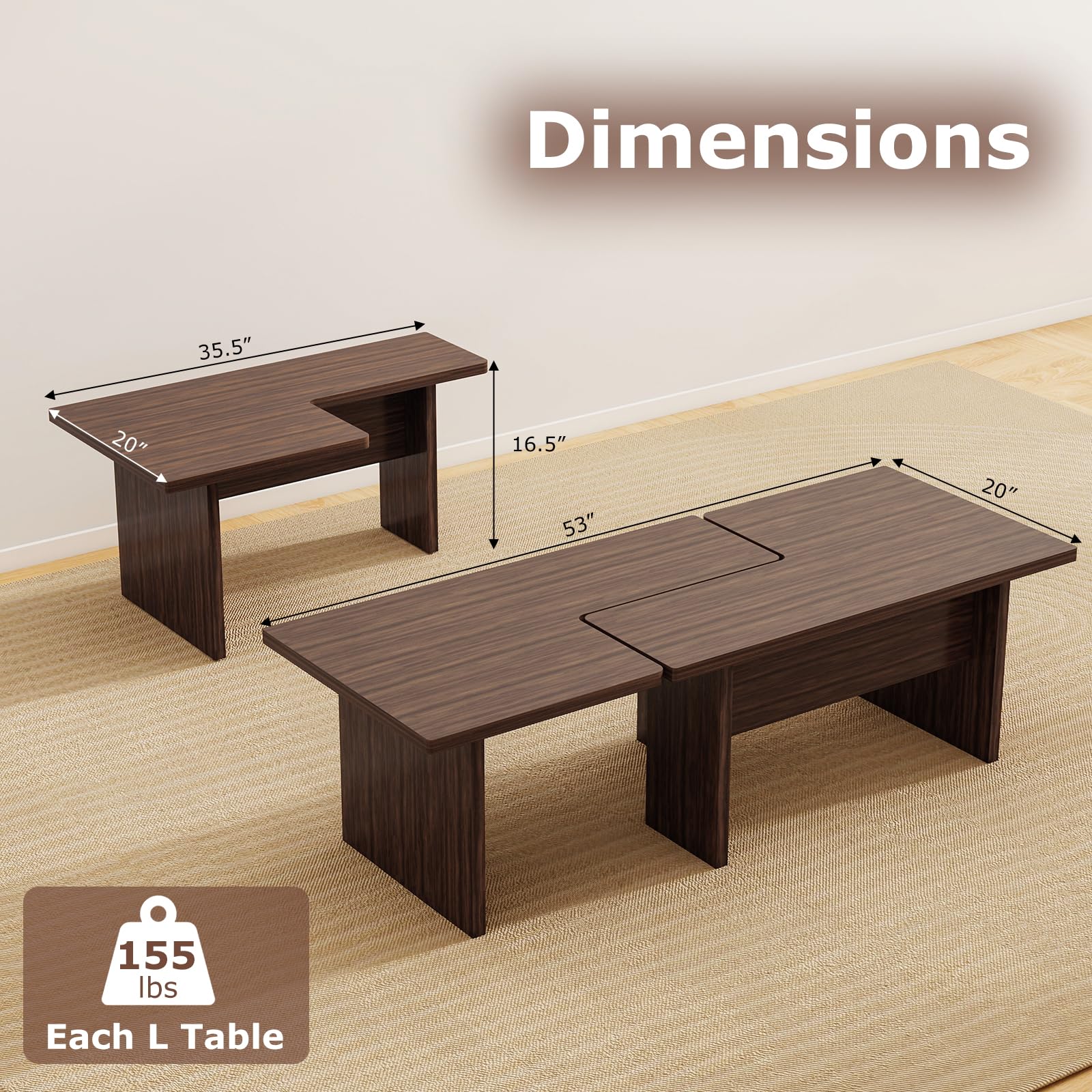 L-Shaped Coffee Table Set of 2, Modular Nesting Center Table with Grain ...