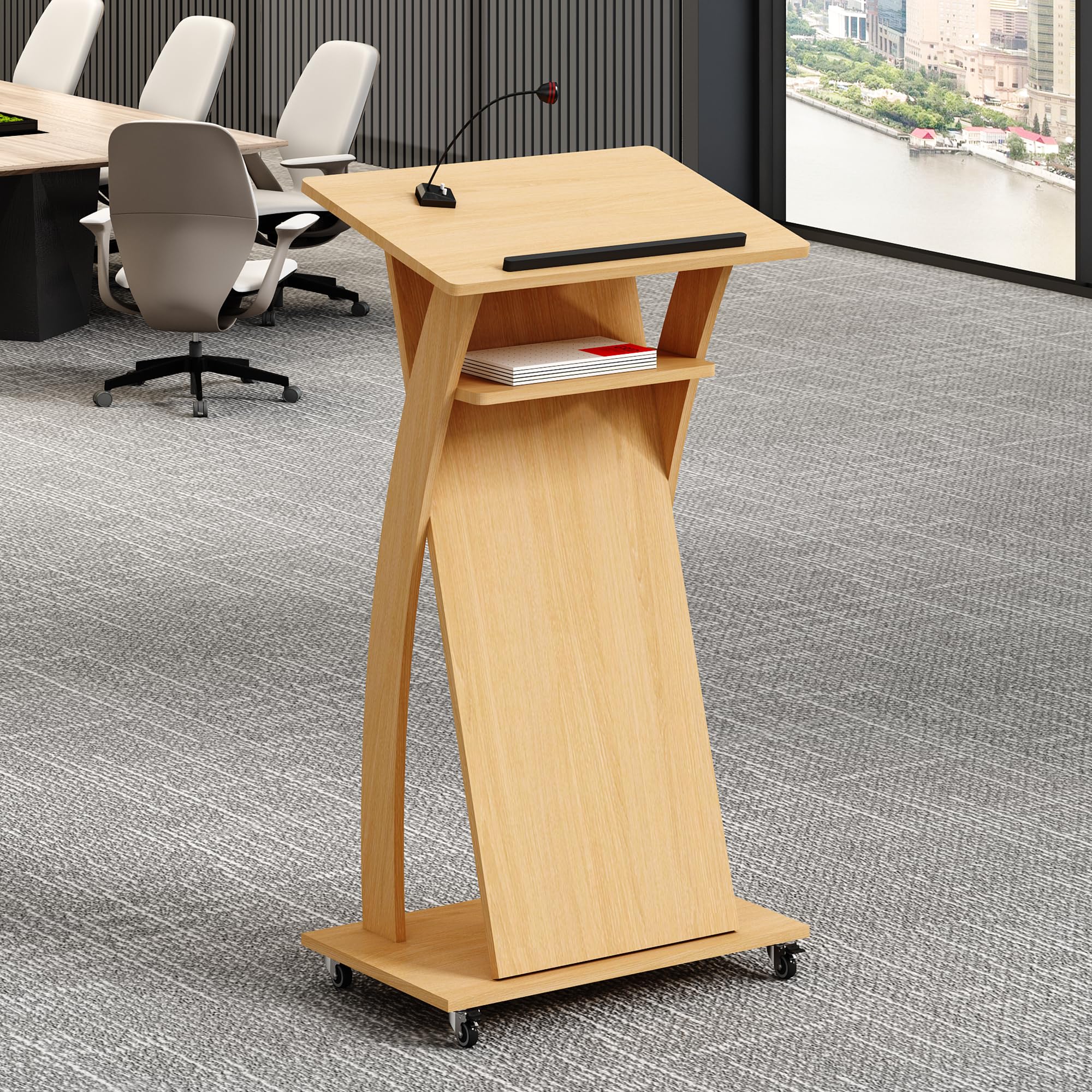 Mobile Wooden Podium Stand with Wheels Lectern Oak Color 16MM Wood ...
