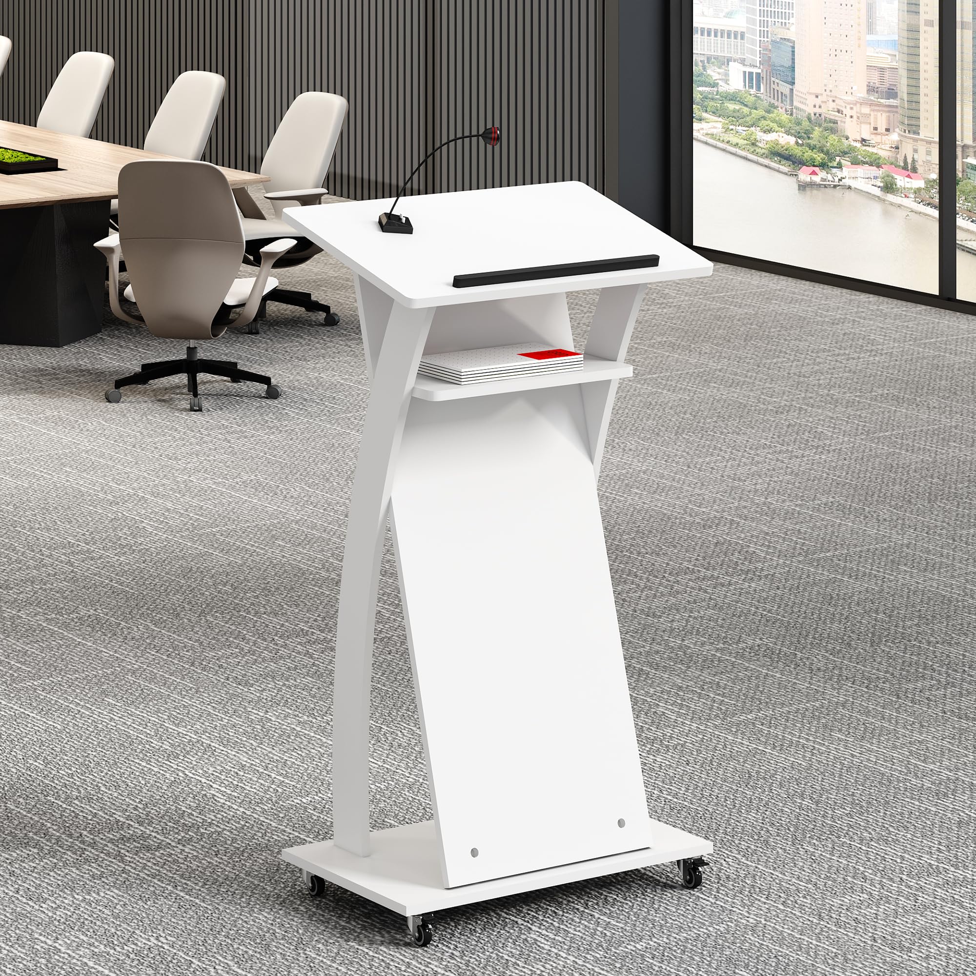Mobile Wooden Podium Stand with Wheels Lectern White 16MM Wood Board ...