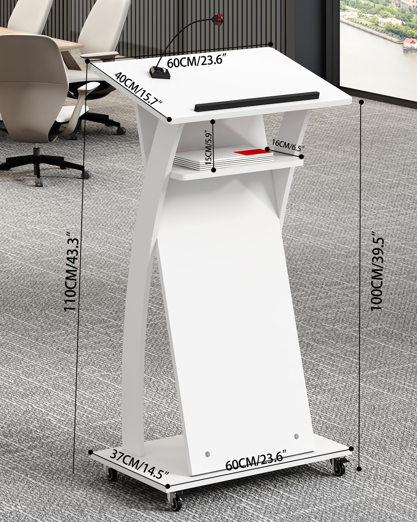 Mobile Wooden Podium Stand with Wheels Lectern White 16MM Wood Board ...