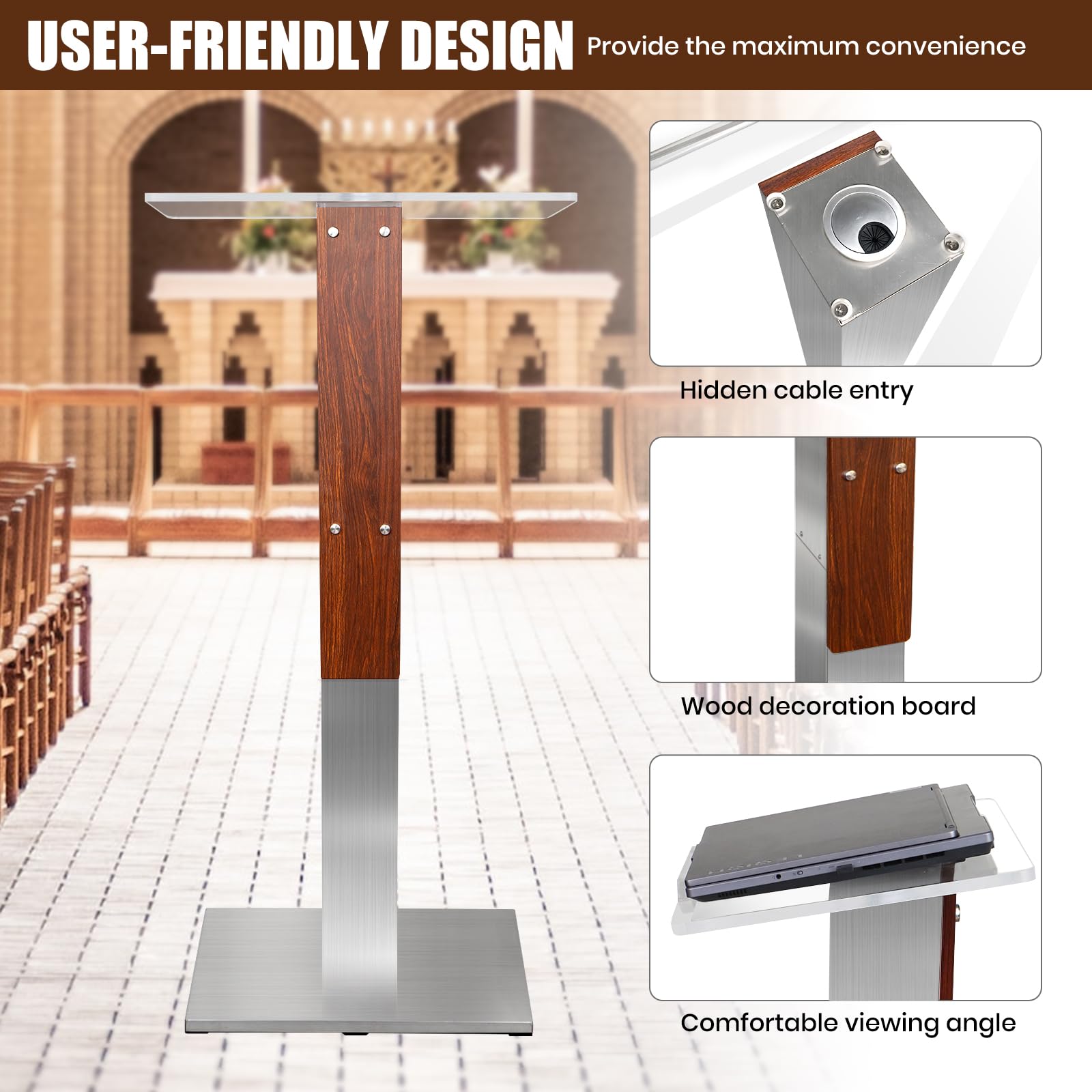 Stainless Steel Podium Stand with Acrylic Reading Surface & Hidden ...