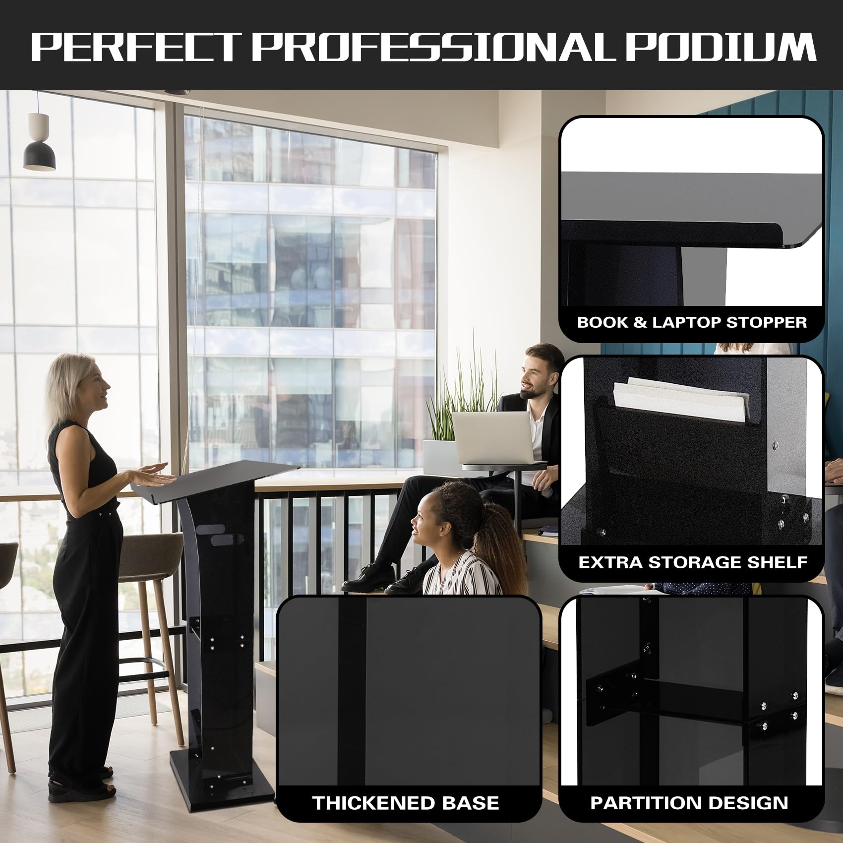 Podium Pulpit Stand, 45" Clear Black Podium Stand with Storage Shelf ...