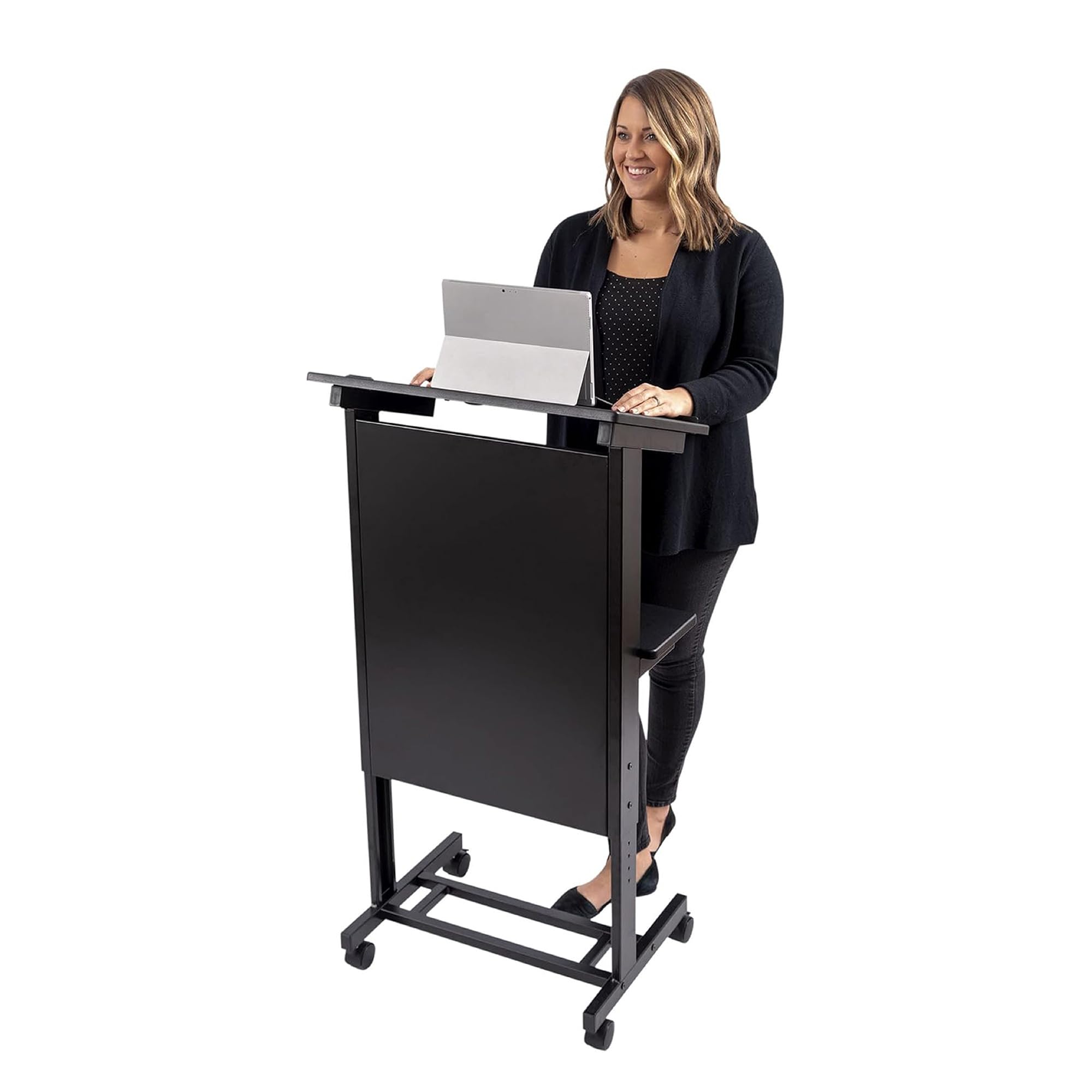 Adjustable Height Lectern Podium | Rolling Desk with Storage Shelf ...