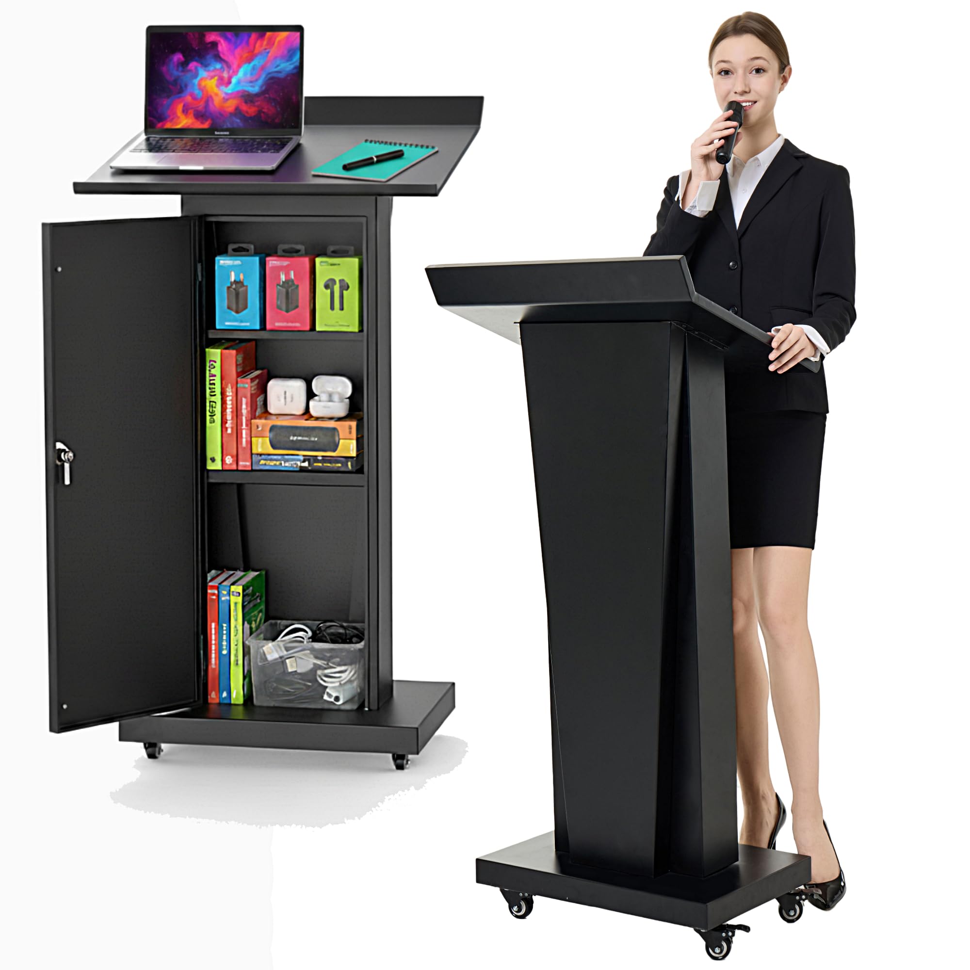 Mobile Podium Stand with Wheels, Heavy Duty Rolling Lectern with ...