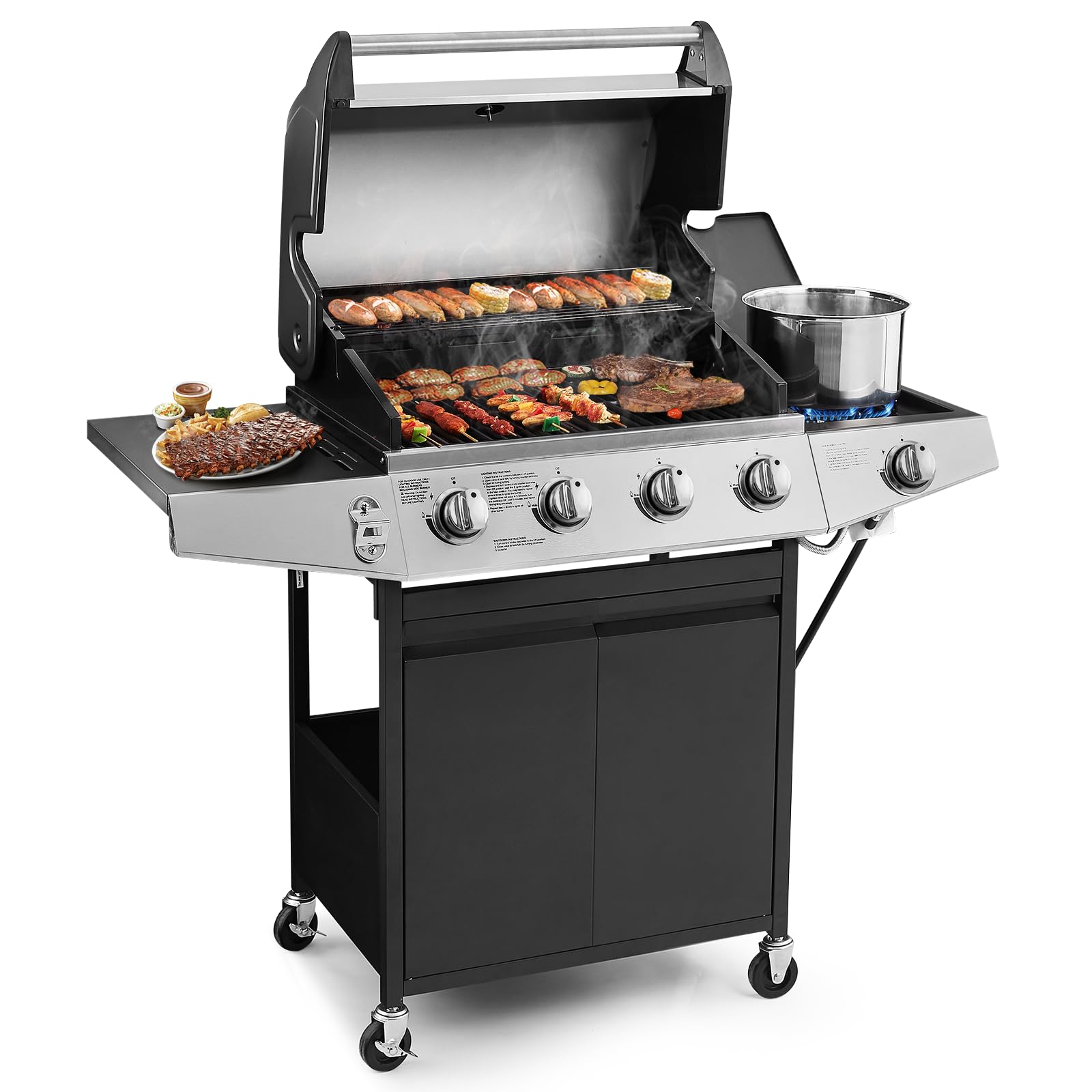 4 Burners Gas Grill with Side Burner, Propane Grill with Wheels and ...