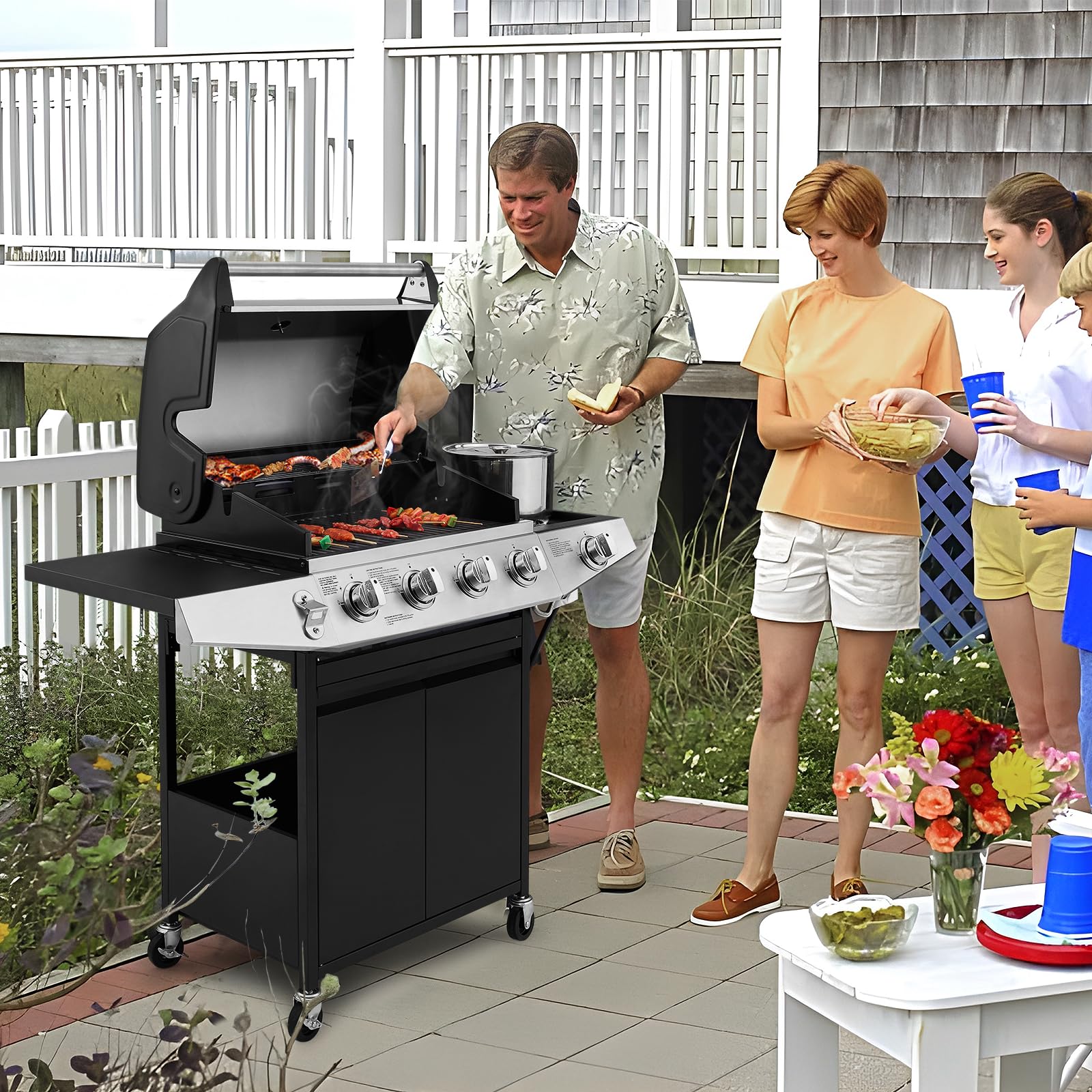 4 Burners Gas Grill with Side Burner, Propane Grill with Wheels and ...