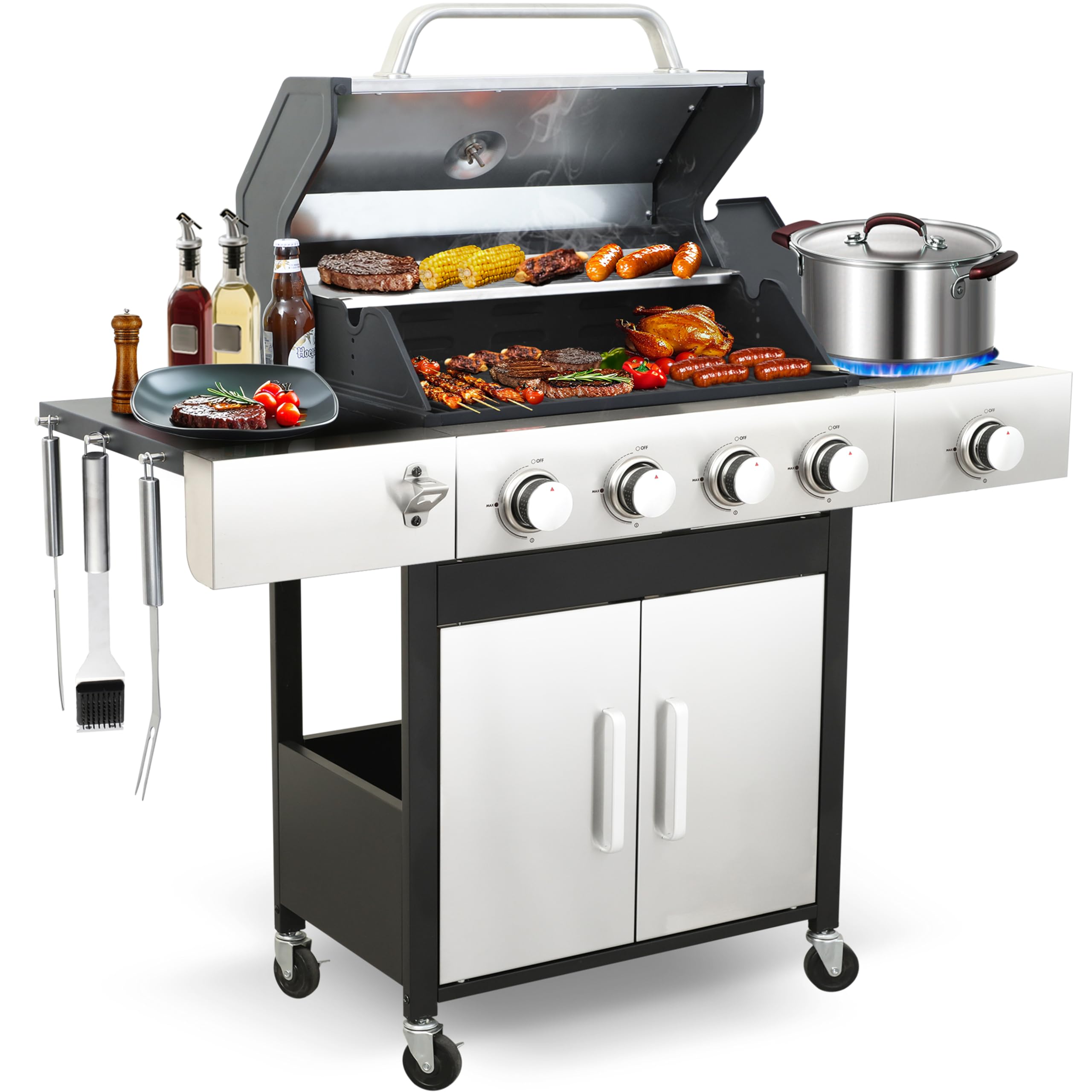 49000 BTU Output Propane Gas Grill with Side Burner and 4 Main Burners ...