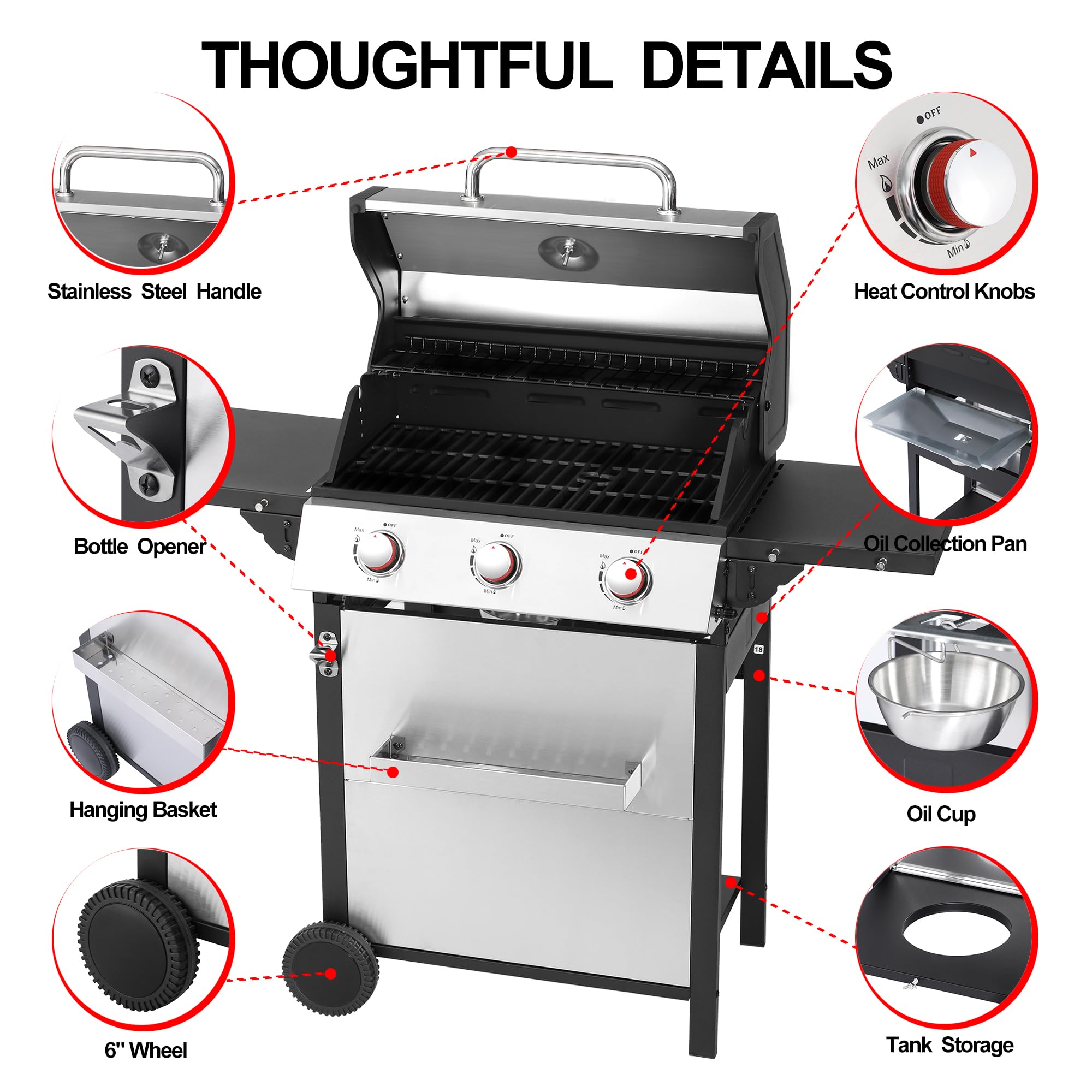 3-Burner Propane Gas Grill with Stainless Steel Cabinet - Outdoor BBQ ...