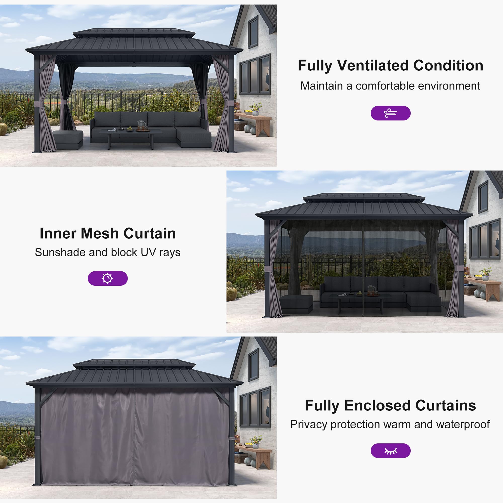 8' X 14' Permanent Hardtop Aluminum Gazebo with Double Galvanized Steel ...