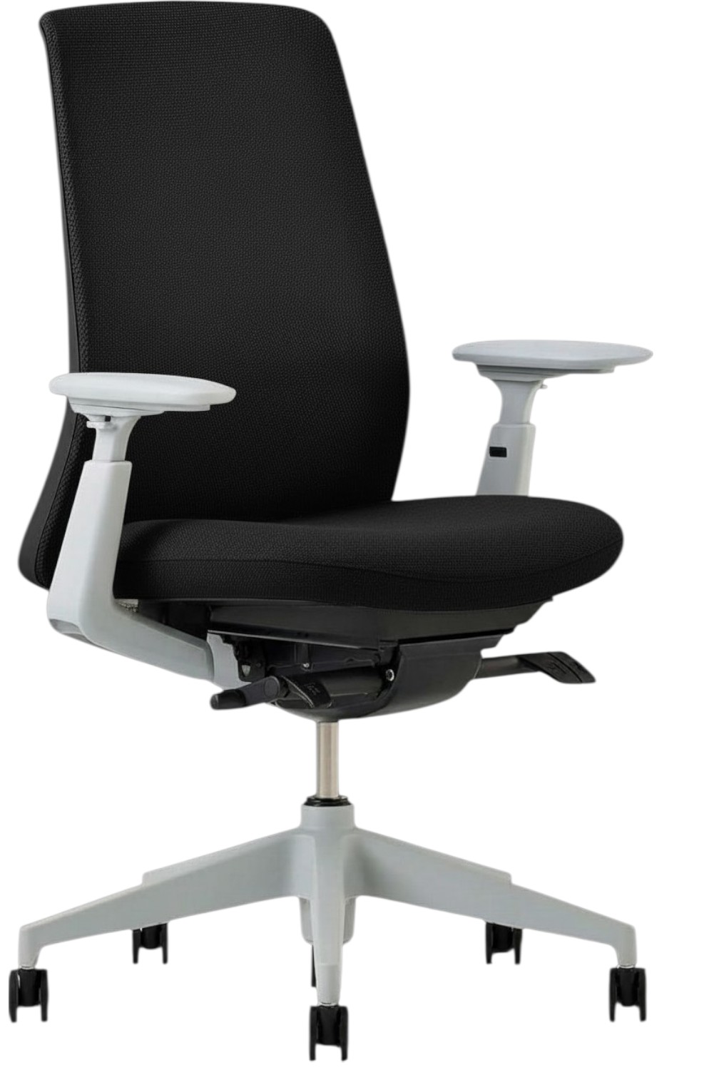 Haworth Soji Chair, Mineral Frame, Black Fabric Seat Black Mesh Back.