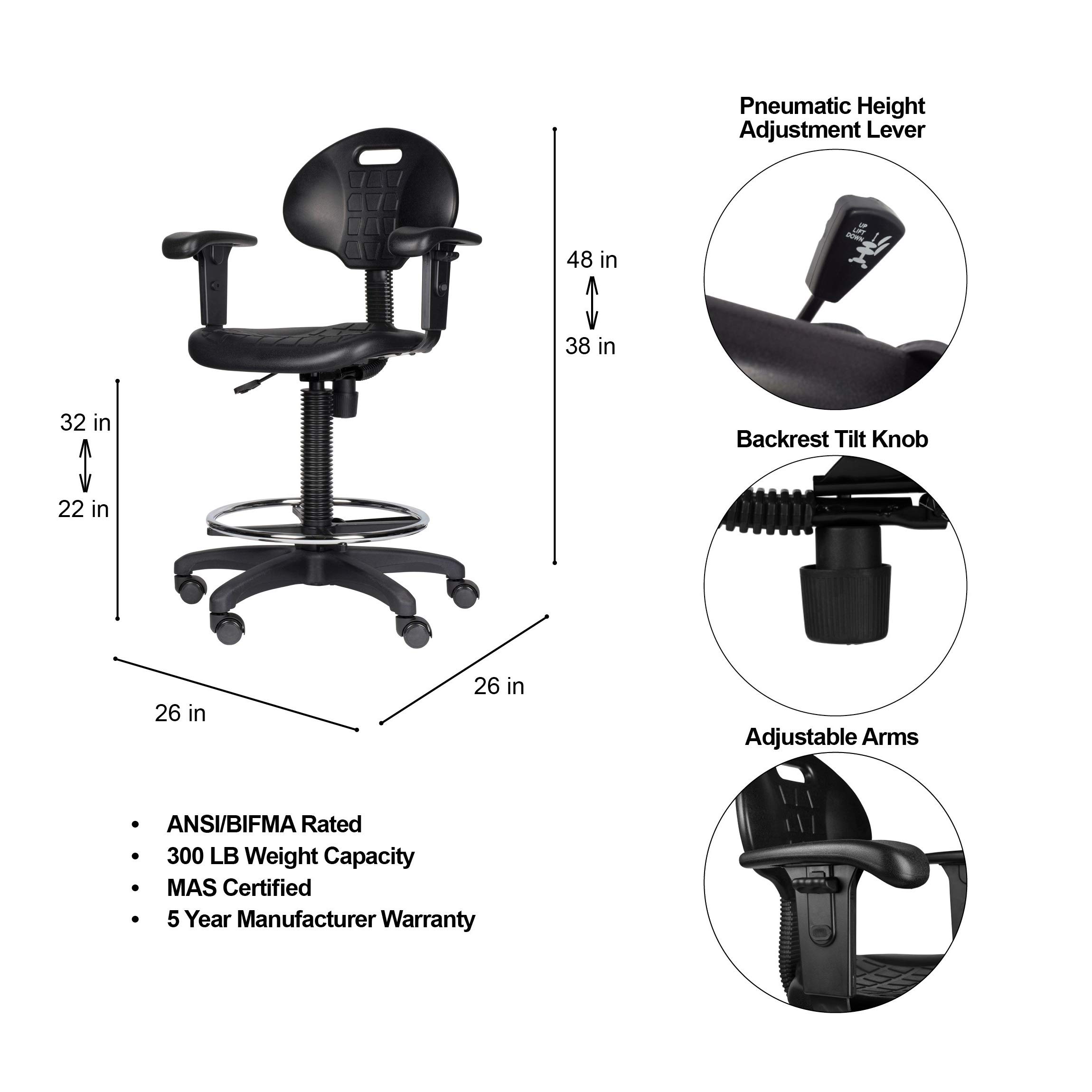 Height Adjustable Polyurethane Industrial Stool (Black, with Arms ...