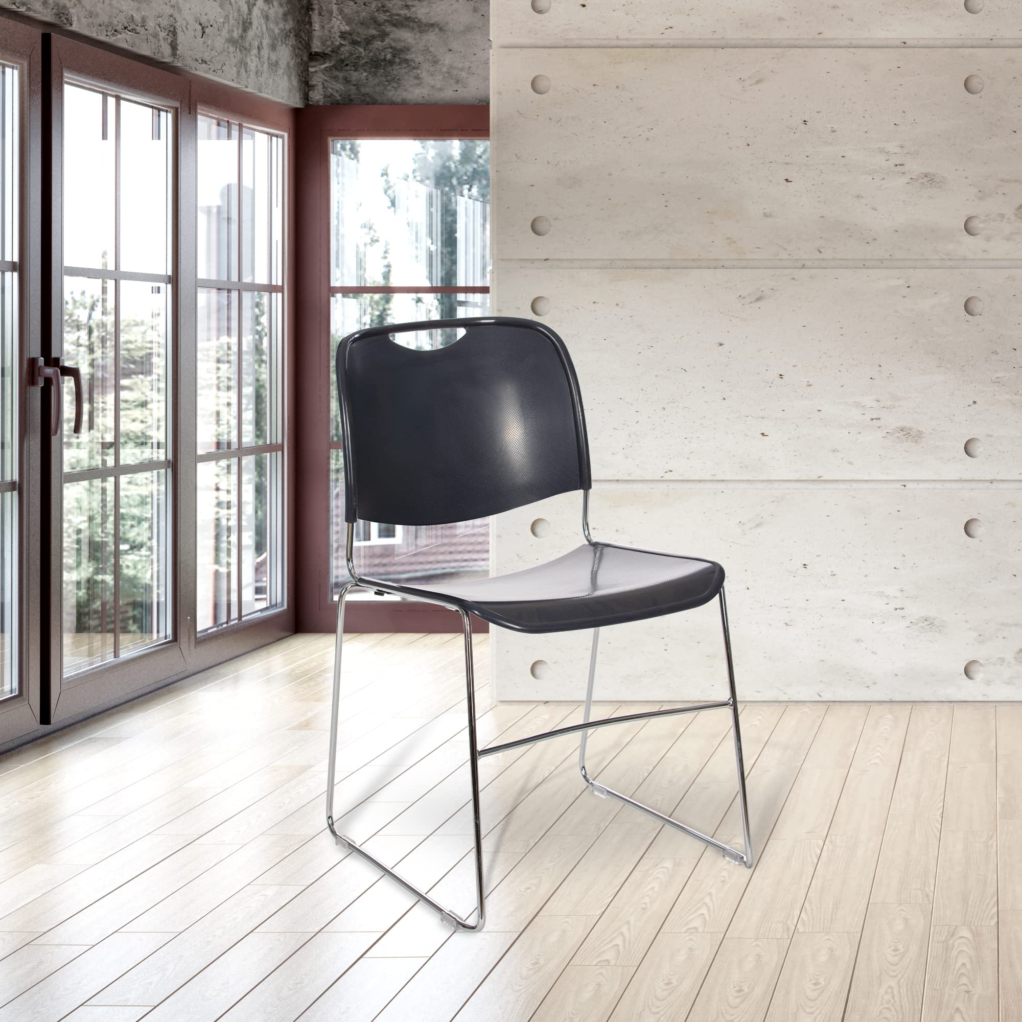 Ultra-Compact Plastic Sled Base Stack Chair (Simple Black, 4-Pack)