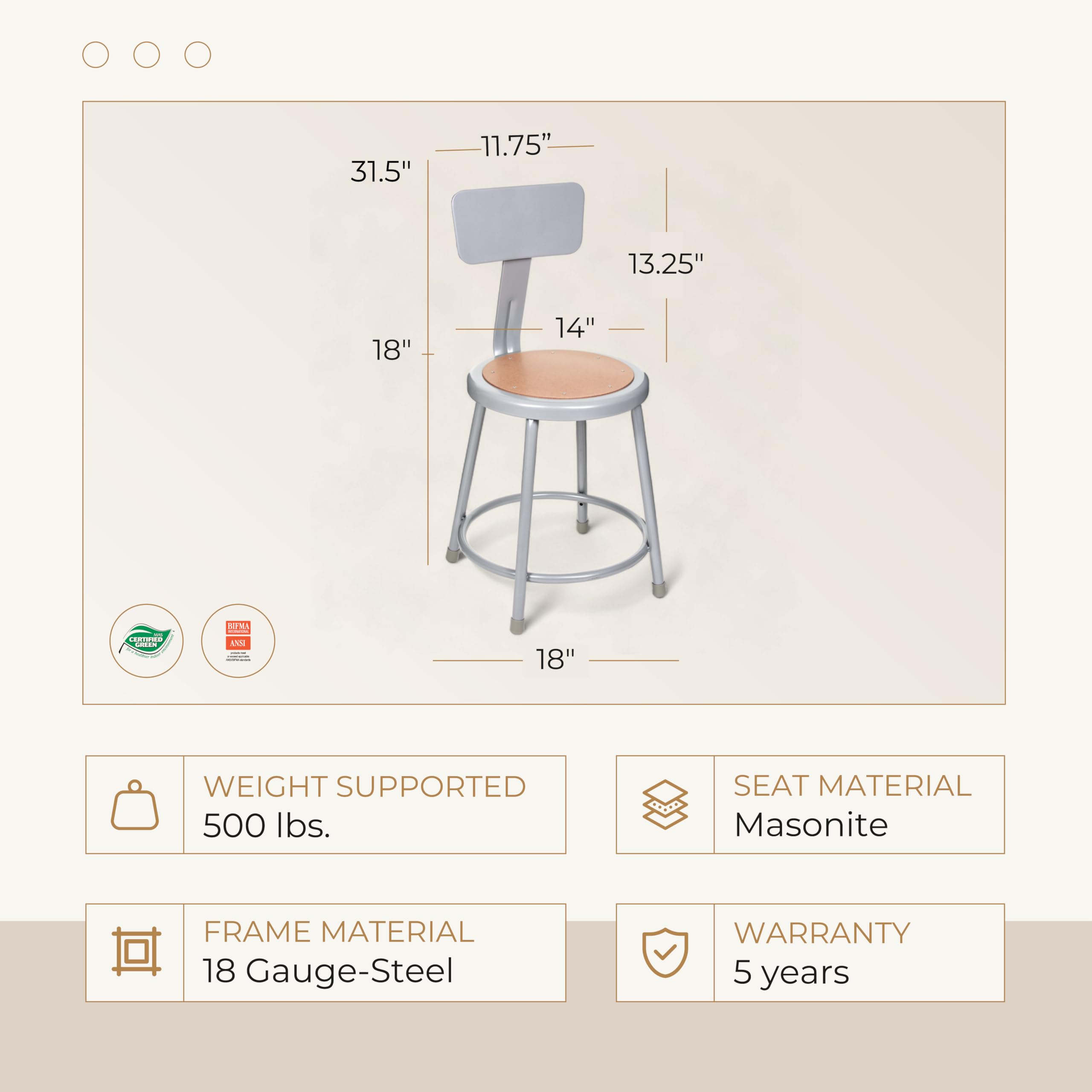 Premium Commercial-Grade All-Purpose Round Stool with Backrest (18-inch ...