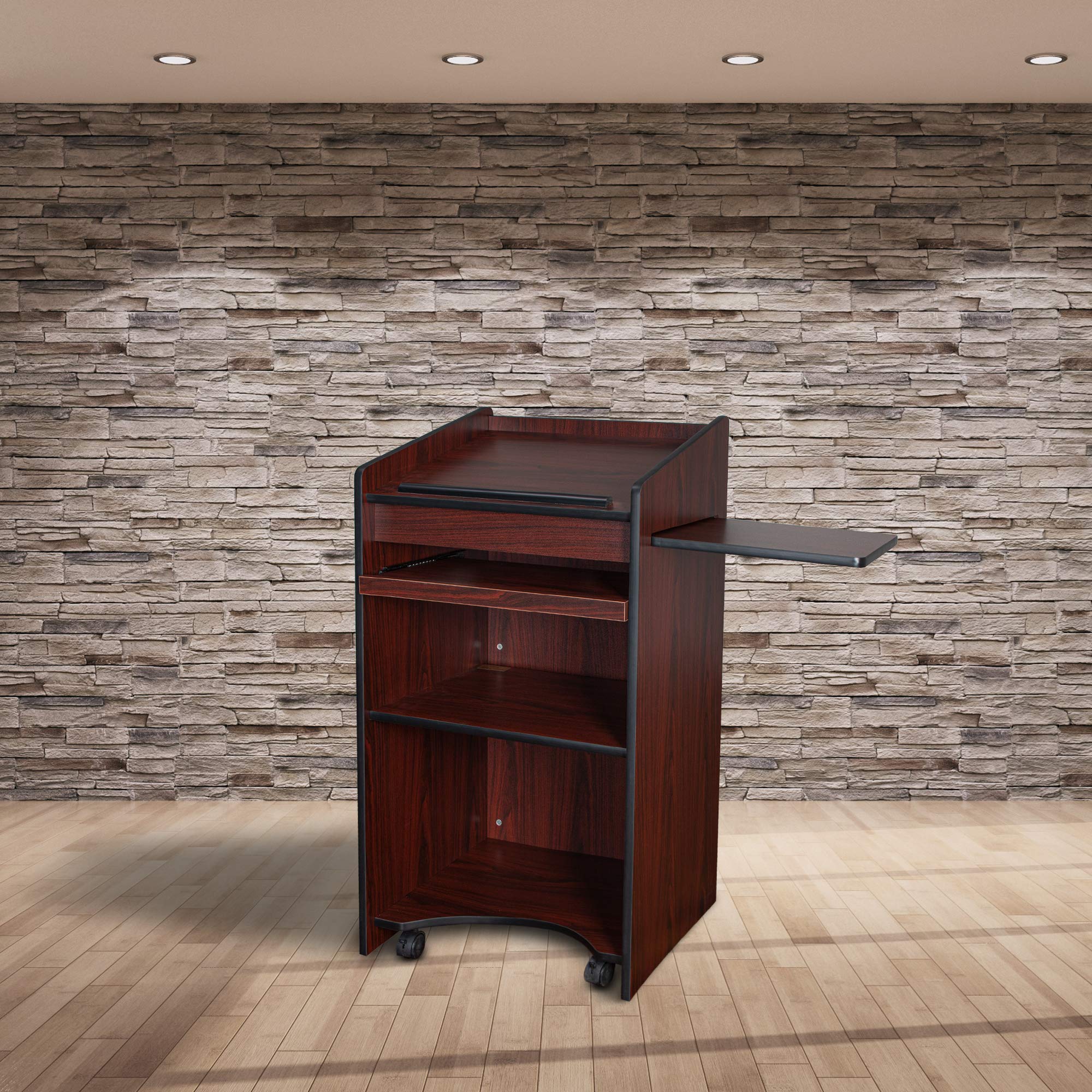 Mobile Floor Lectern with Side Shelf And Keyboard Tray, Mahogany