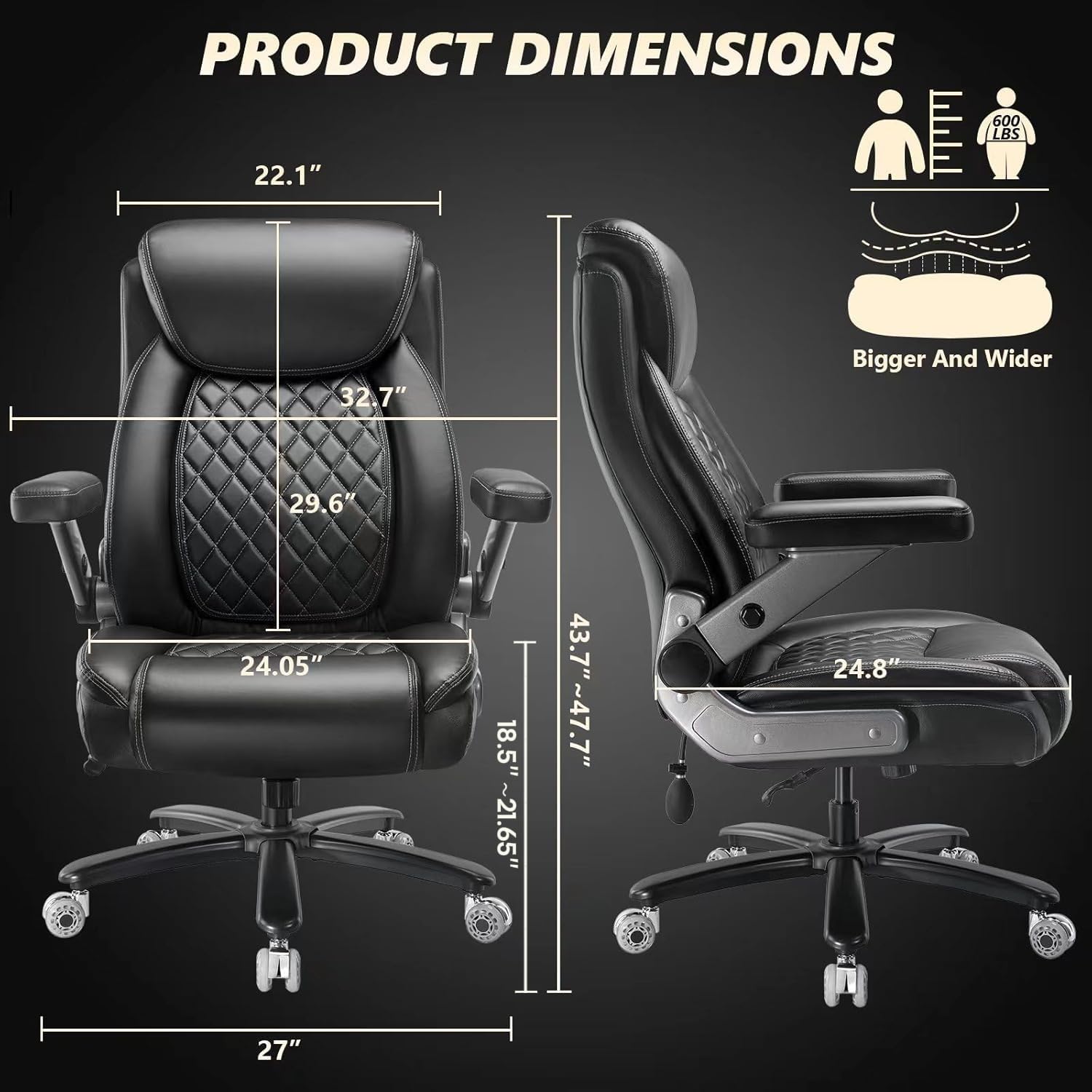 600LBS Large Heavy Duty Office Chair with 5D Flip Arms,Comfy Big and ...
