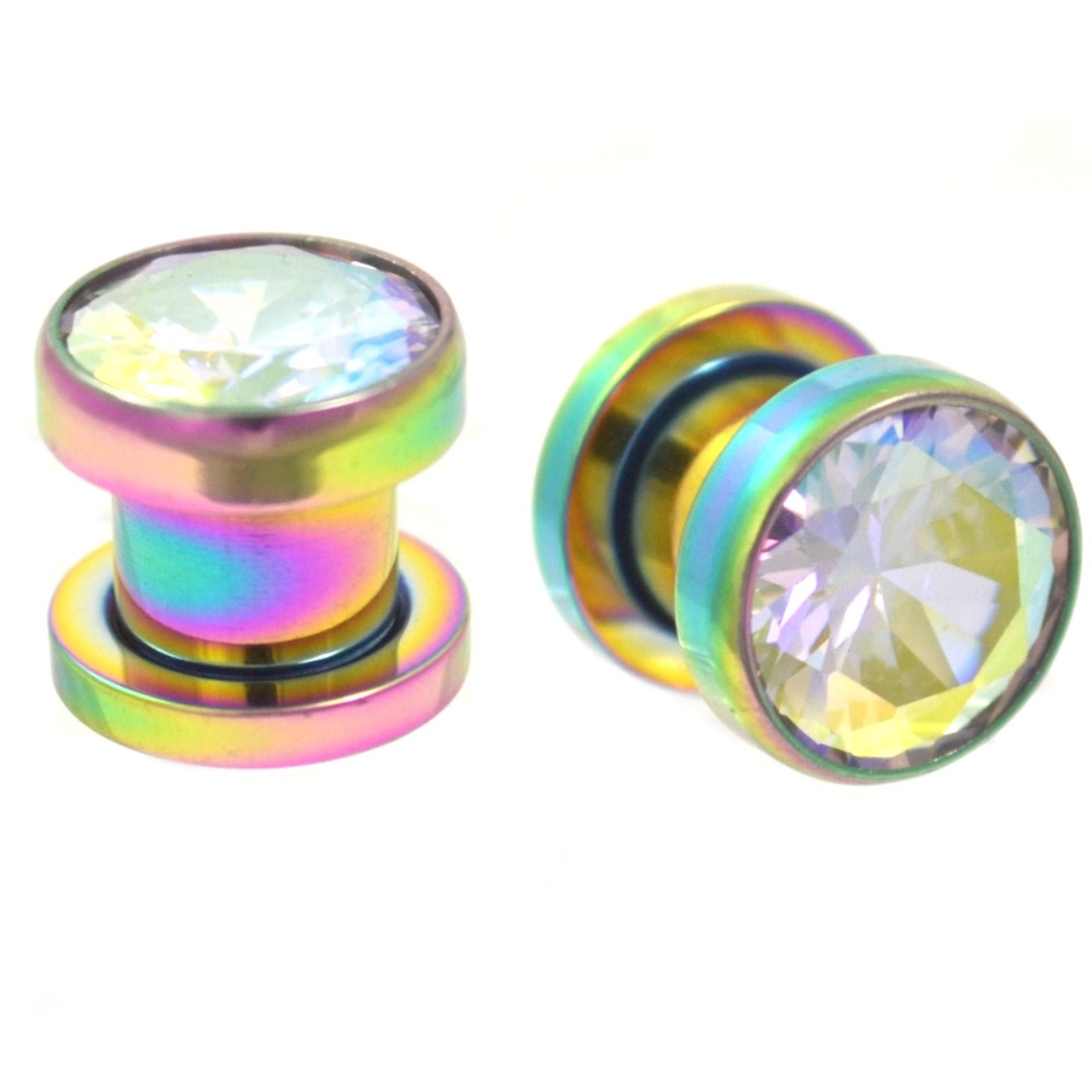 Rainbow Plated Clear CZ Round Stone Plugs (8g-00g) | BodyDazz.com