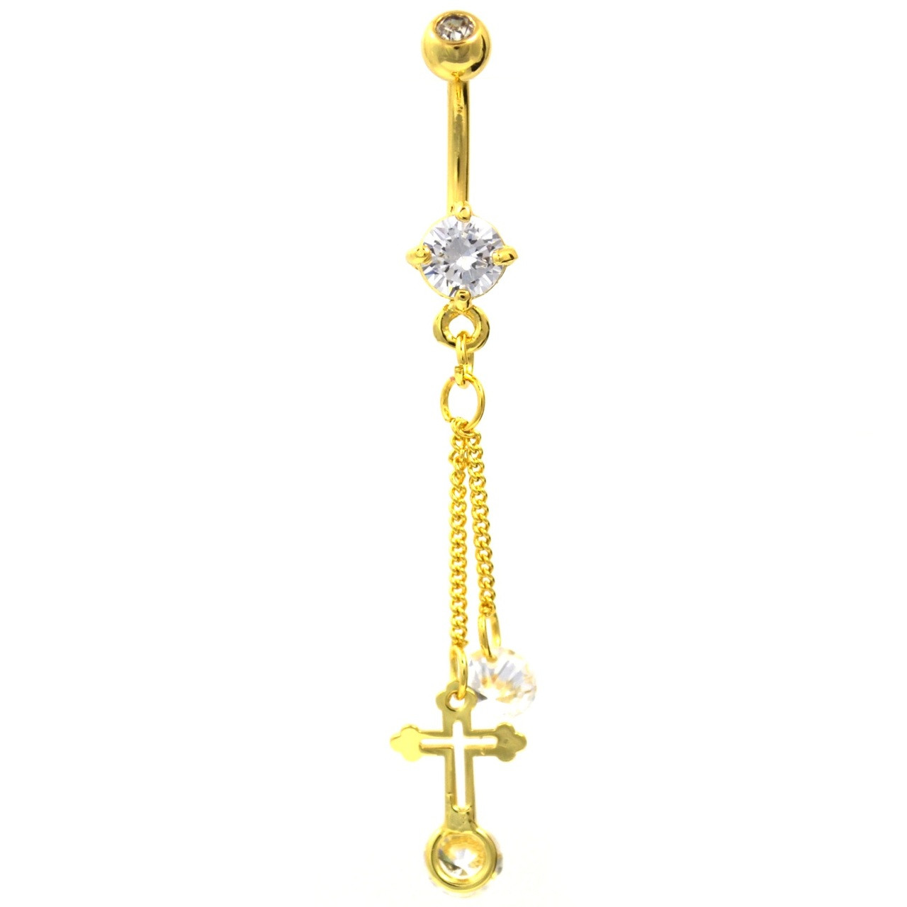 Gold Plated Chained Cross Dangle Belly Ring | BodyDazz.com