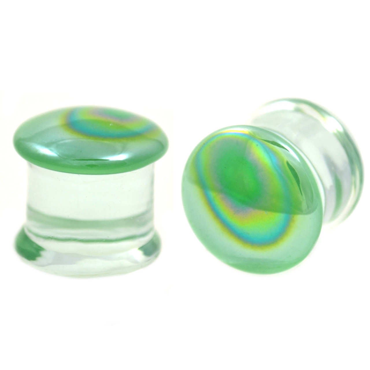Green Oil Slick Pyrex Glass Plugs (12g-7/8") | BodyDazz.com
