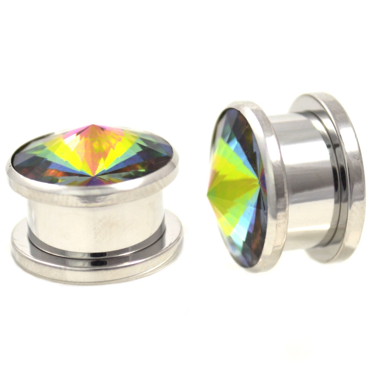 Rainbow Aurora CZ Single Flared Steel Plugs (2g-5/8") | BodyDazz.com