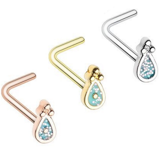 Sparkling Teardrop L Shaped Nose Ring 20G | BodyDazz.com