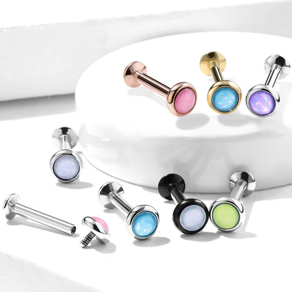 Luminous Epoxy Stone Top Steel Labret Monroe Bar 16G | BodyDazz.com