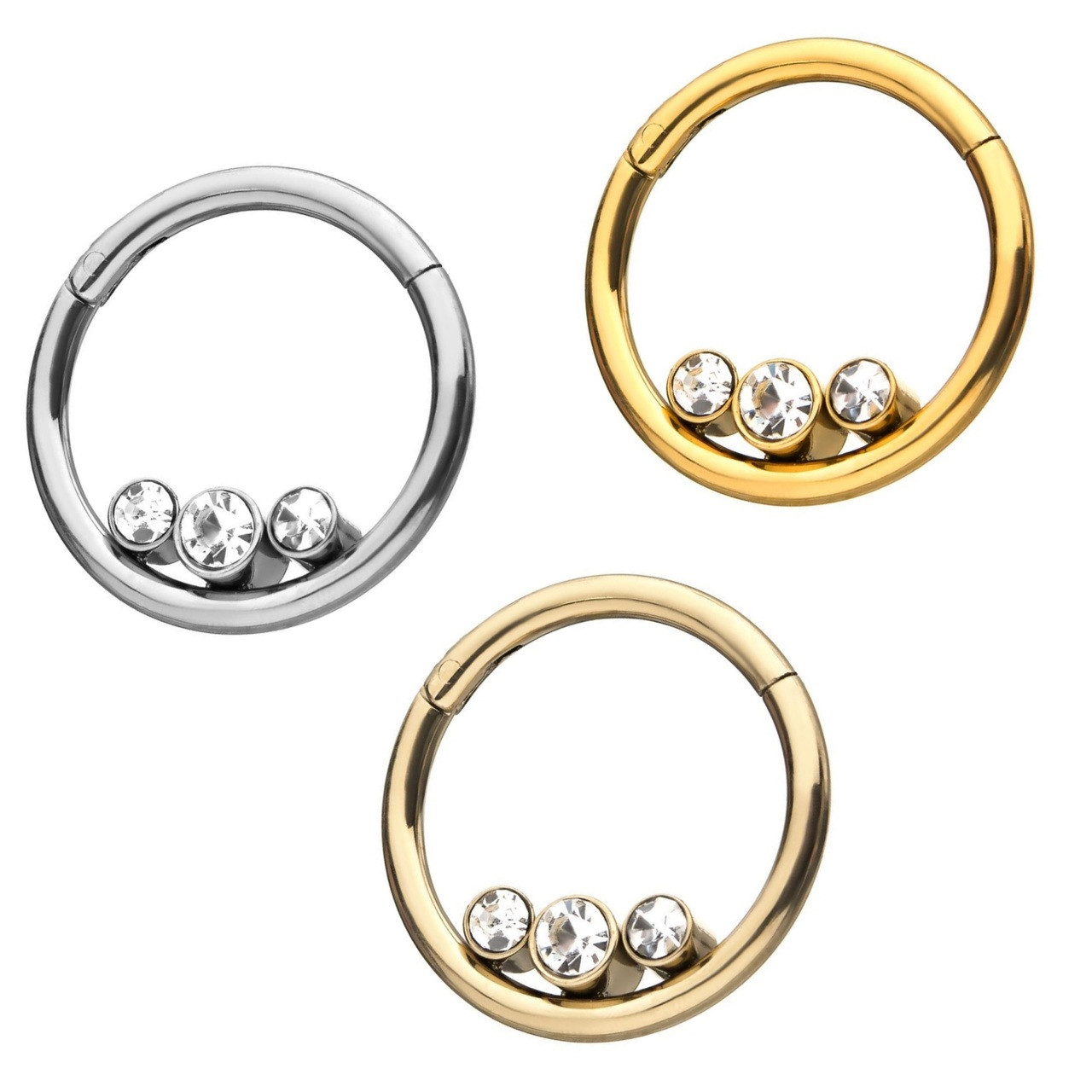 Bezel Set Triple CZ Steel Hinged Segment Ring Hoop | BodyDazz.com