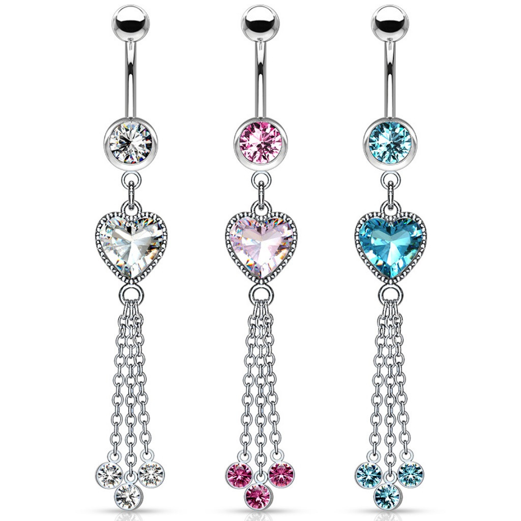 Heart CZ Triple Chain Long Dangle Steel Belly Ring | BodyDazz.com