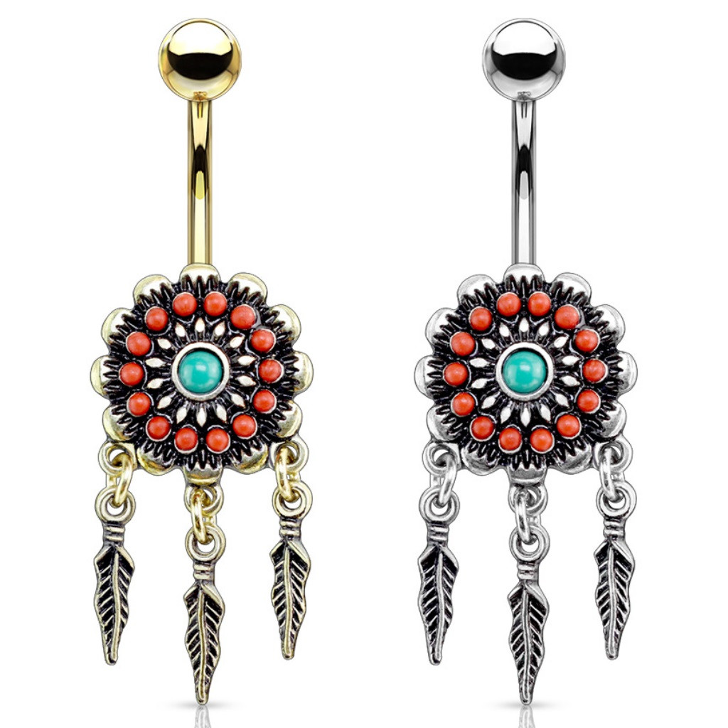 Tribal Flower Triple Feather Dangle Steel Belly Ring | BodyDazz.com