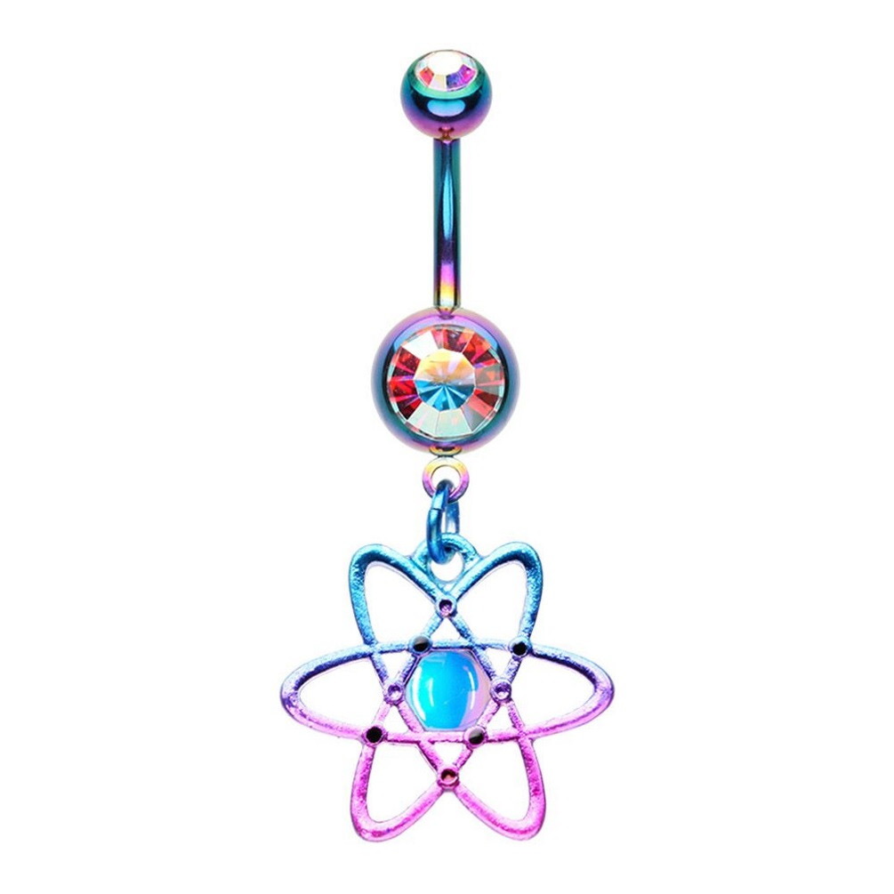 Atom Symbol Dangle Rainbow Steel Belly Ring | BodyDazz.com
