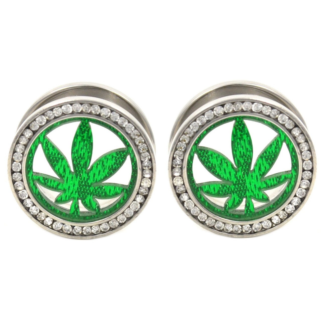 Marijuana Pot Leaf Gem Rim Steel Tunnel Plugs (0g-1") | BodyDazz.com