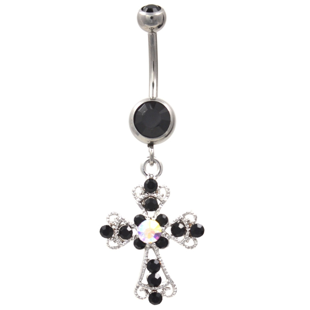 Fancy Cross Circular Gems Belly Ring (Black & Clear) | BodyDazz.com