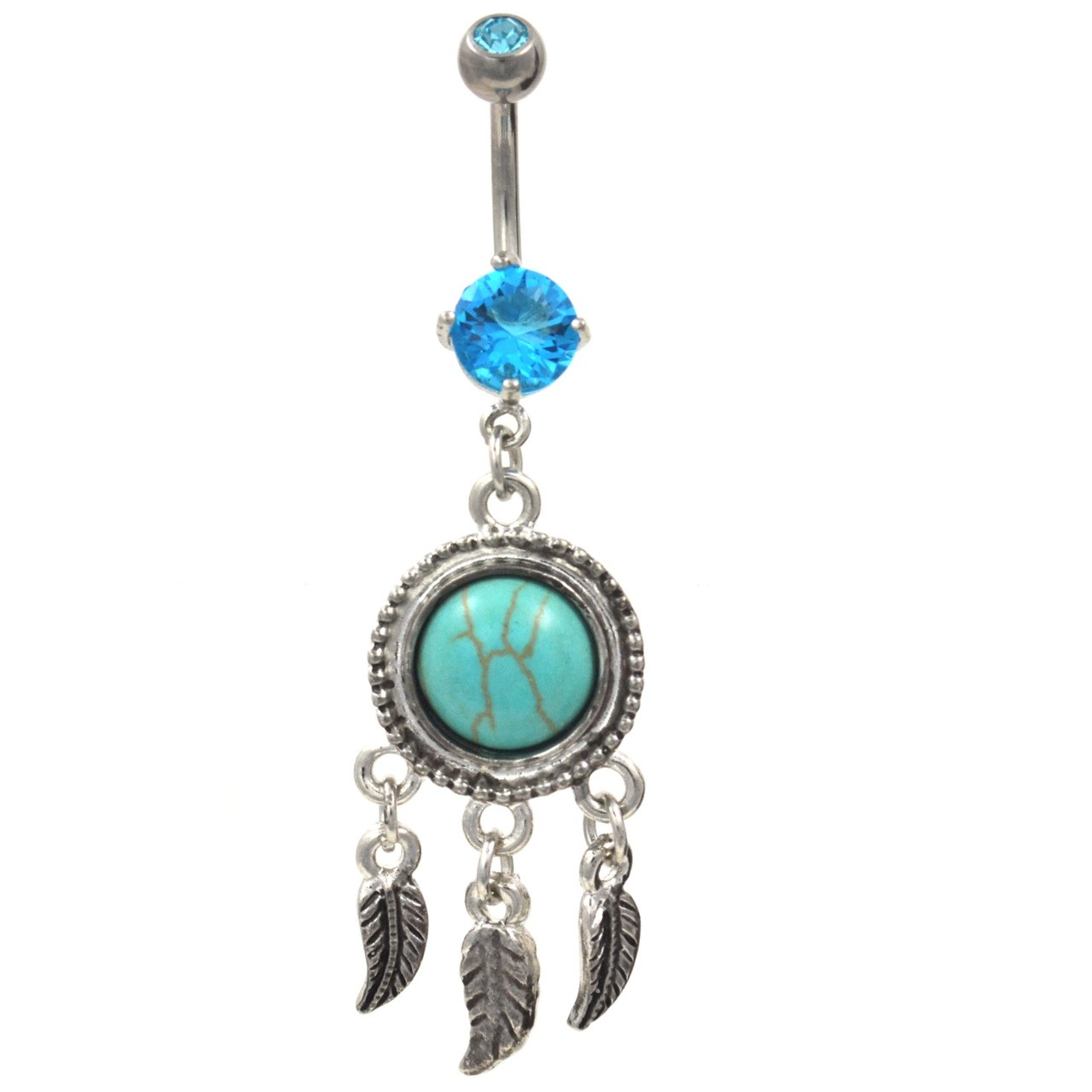 Turquoise Stone & Two Feathers Belly Button Ring | BodyDazz.com