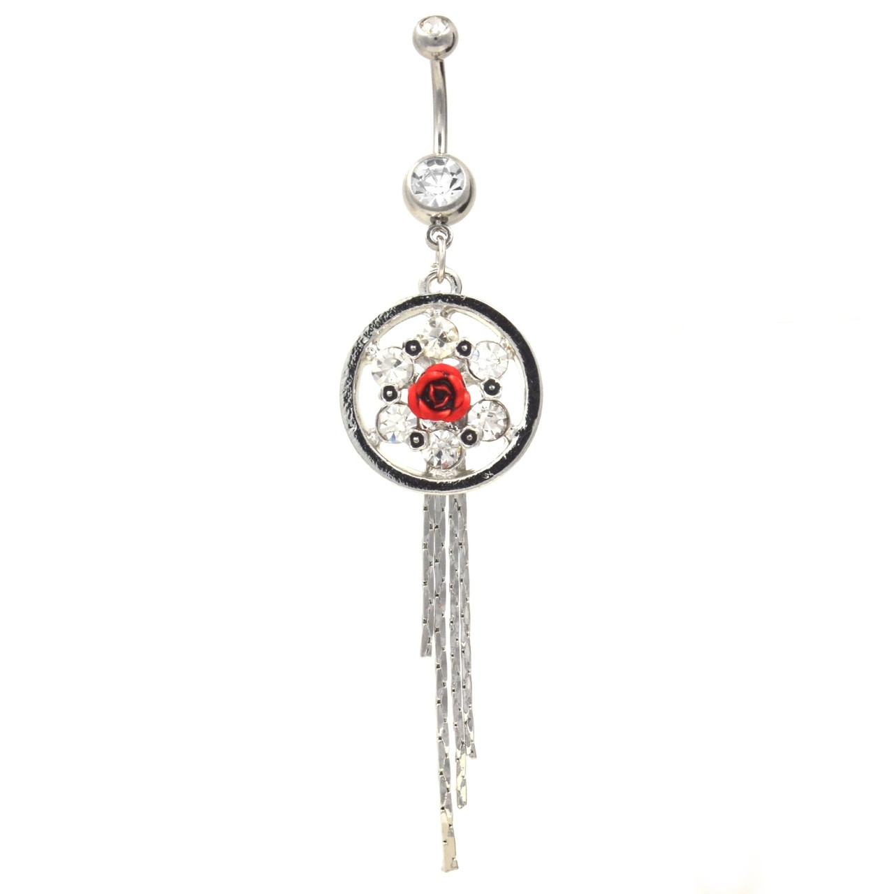 Red Rose Gem Circle Belly Ring w/Dangling Chains | BodyDazz.com