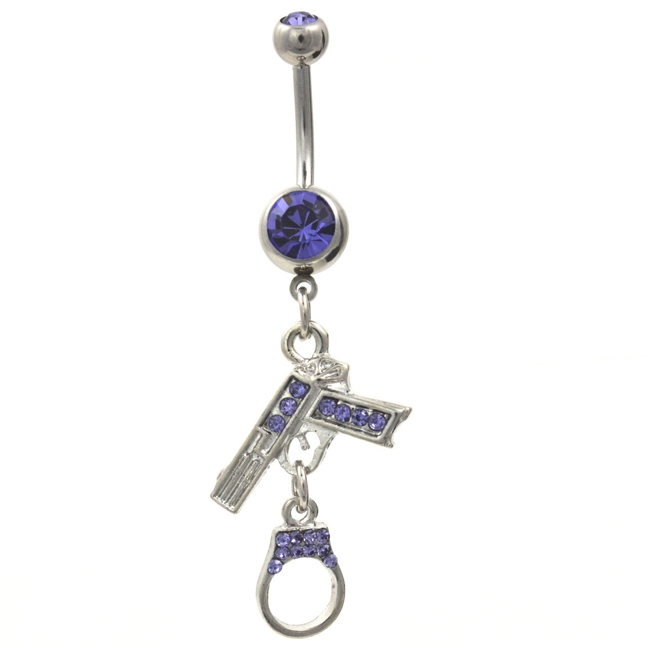 Tanzanite CZ Gems Gun and Handcuff Dangle Belly Ring | BodyDazz.com