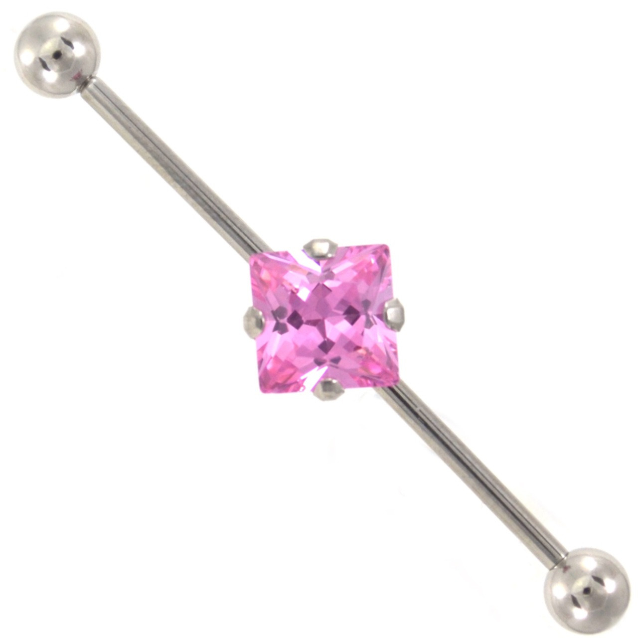 Square Cut Pink CZ Industrial Barbell 14g 38mm | BodyDazz.com