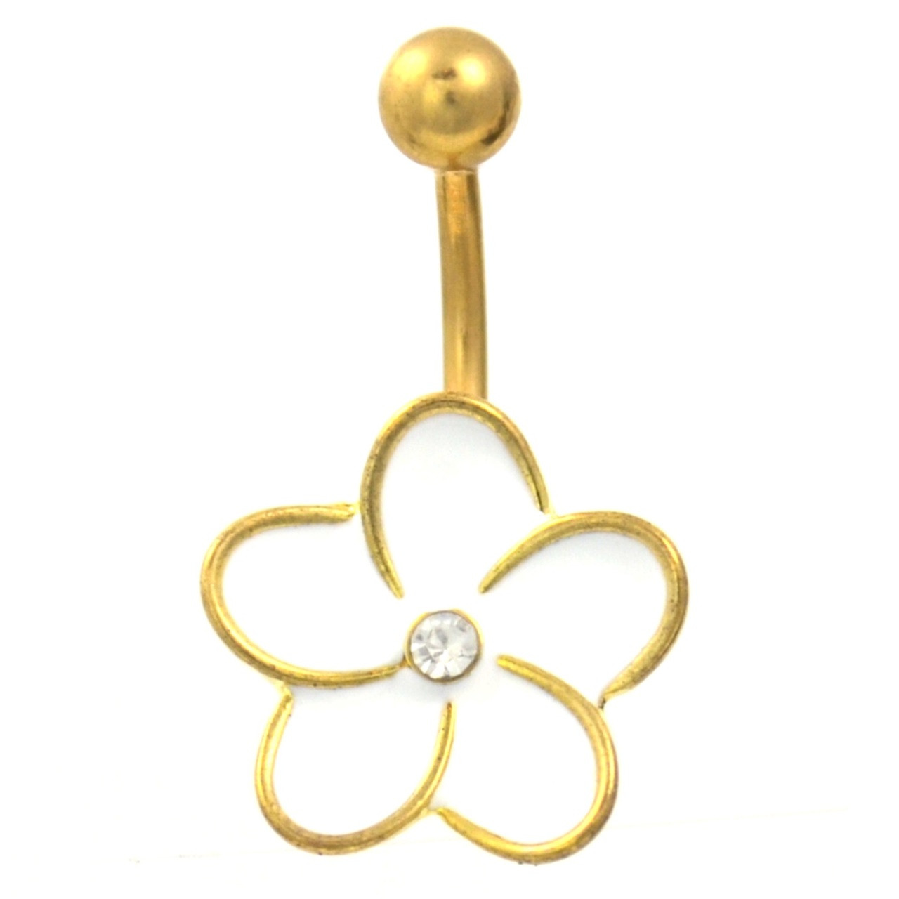 Gold Trimmed White Flower Belly Ring | BodyDazz.com