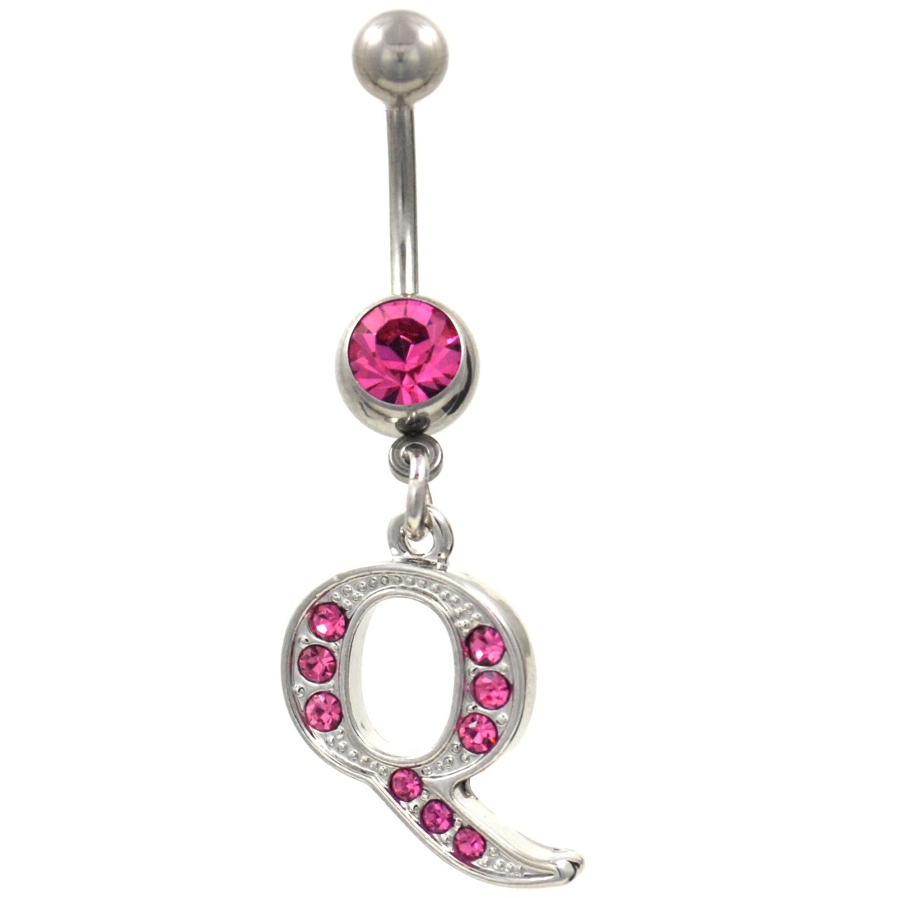 Initial Letter "Q" Pink Gems Belly Button Ring | BodyDazz.com