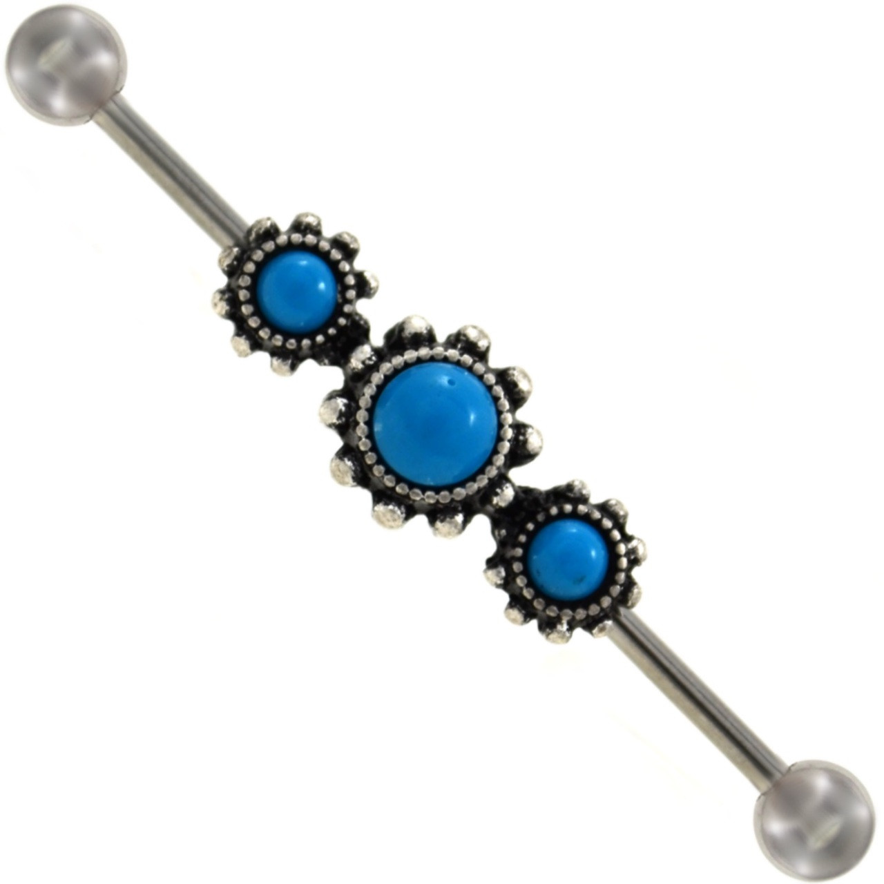Turquoise Trifecta Silver Tone Industrial Bar 14G | BodyDazz.com